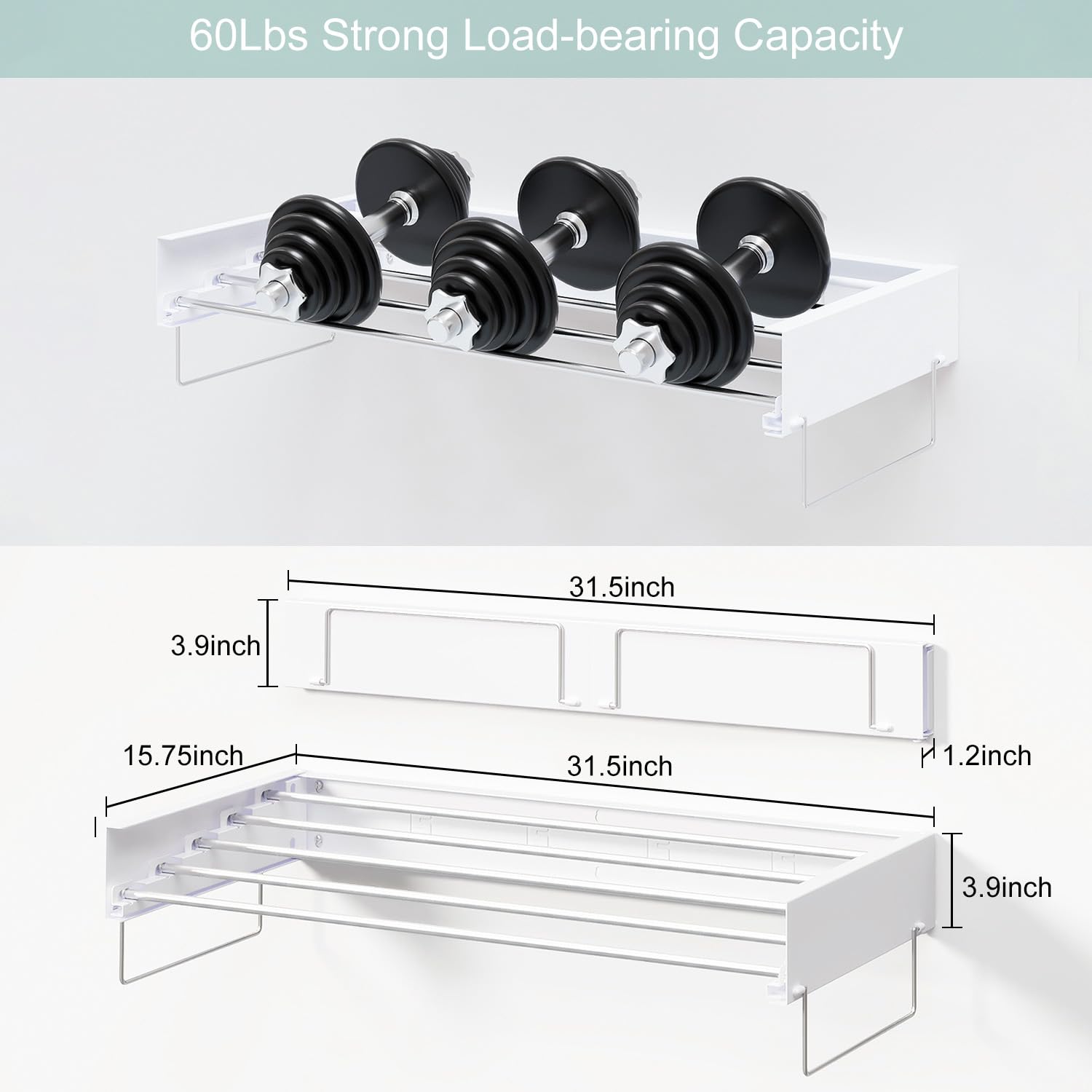 Wall Mounted Drying Rack, Laundry Drying Rack Collapsible, Clothes Drying Rack, Towel Drying Rack for Indoor & Outdoor with Wall Template & 5 Rods, 60 lb Capacity, 31.5β Wide, 13.5 Linear Ft, White