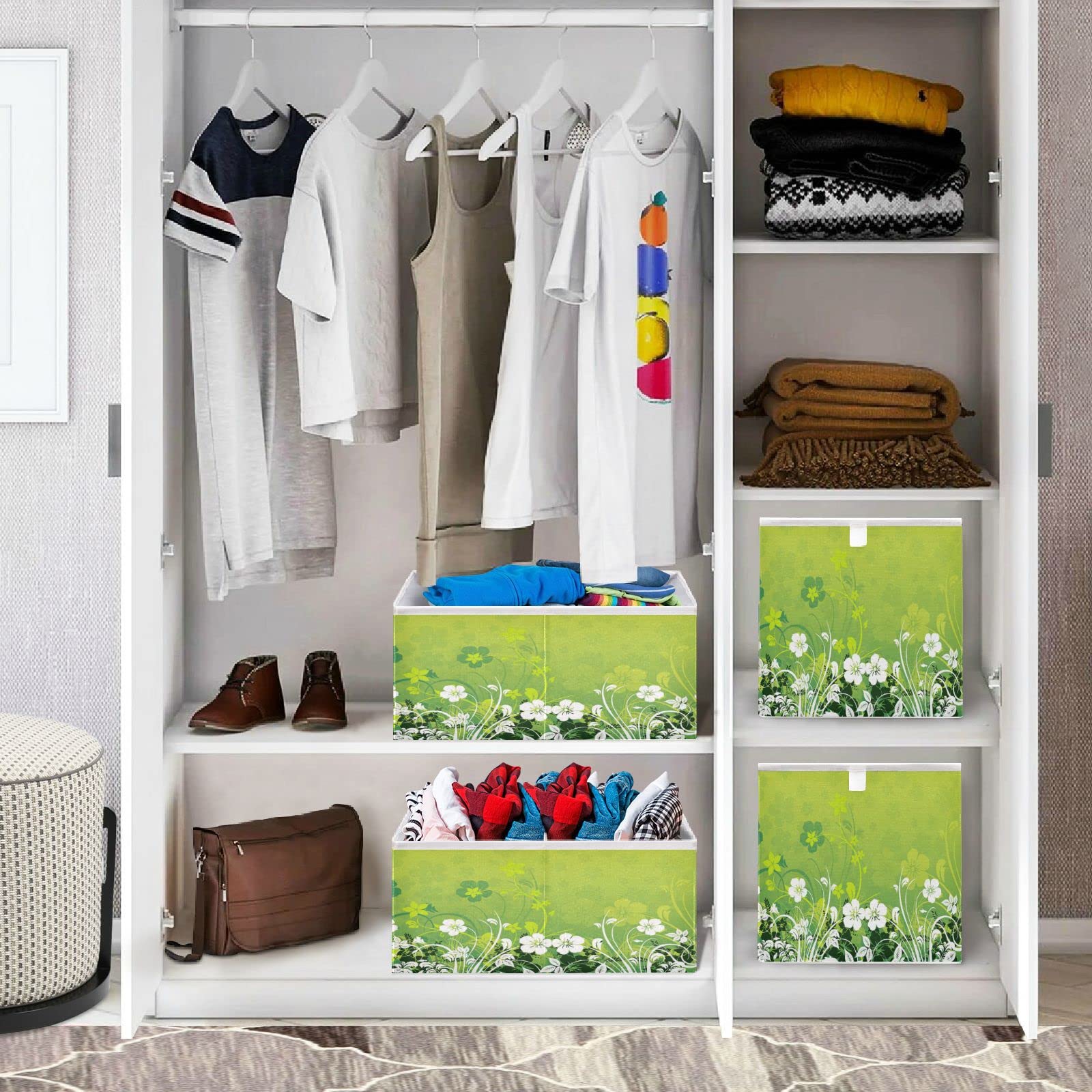 Kigai Green Flowers Cube Storage Bins - 11x11x11 in Large Foldable Cubes Organizer Storage Basket for Home Office, Nursery, Shelf, Closet
