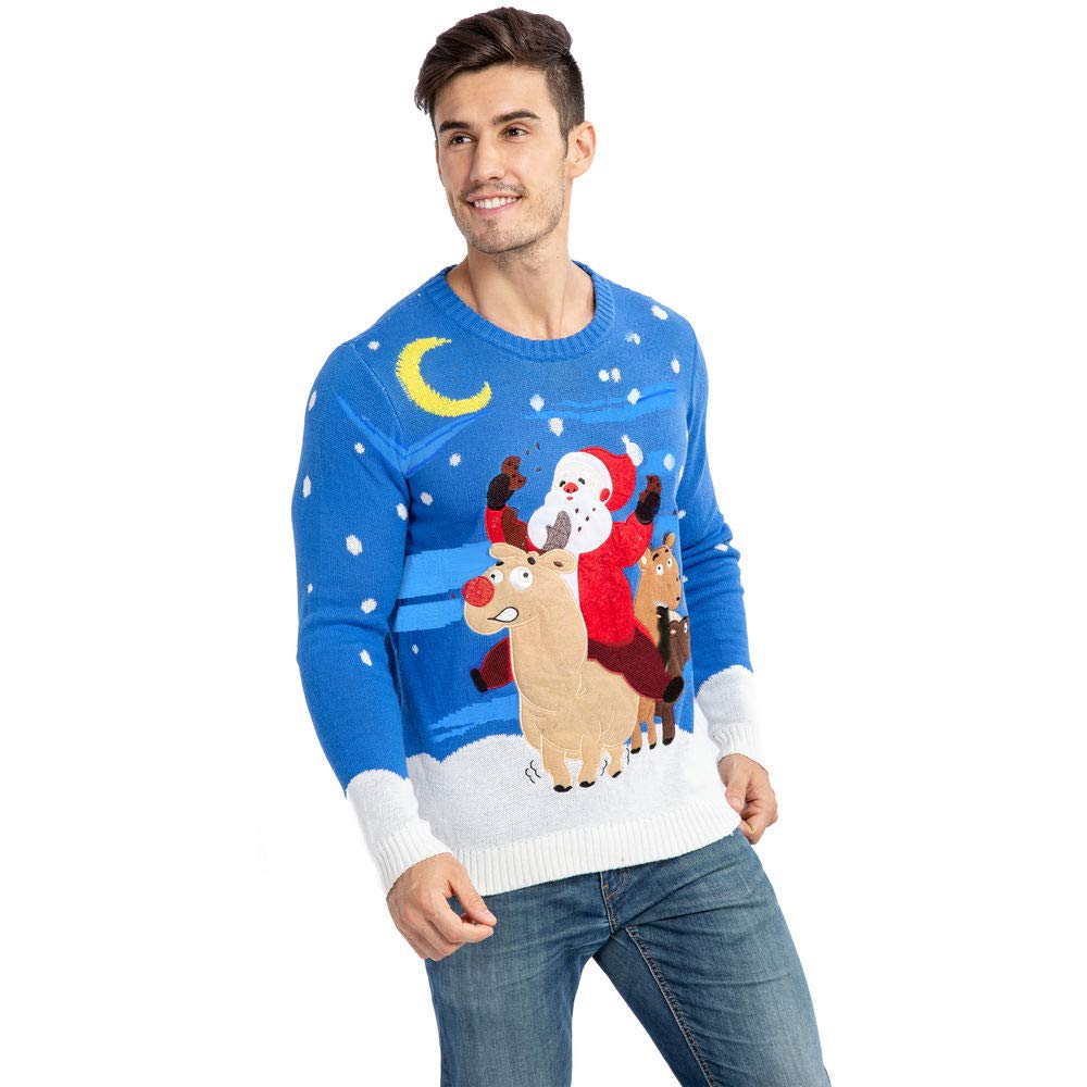 JOYIN Men's Christmas Fuzzy Reindeer Ugly Sweater for Holiday or Birthday Gift (X-Large, Blue)