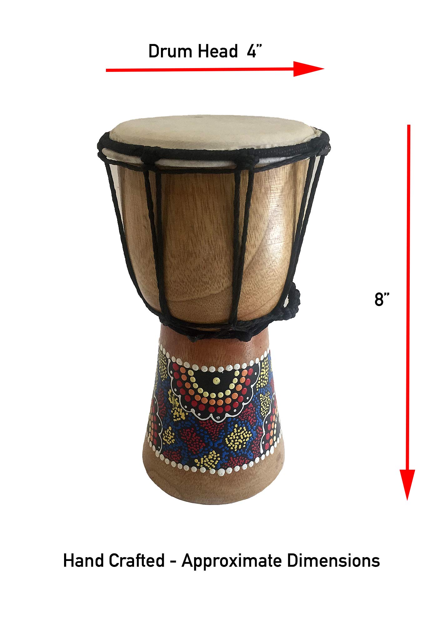 JIVE Djembe Drum African Bongo Congo Hand Drum Damaru For Kids Adults Aboriginal Dot/Carved Design Goat Skin SOLID Wood - (6" High - Painted/Carved) - NOT MADE IN CHINA