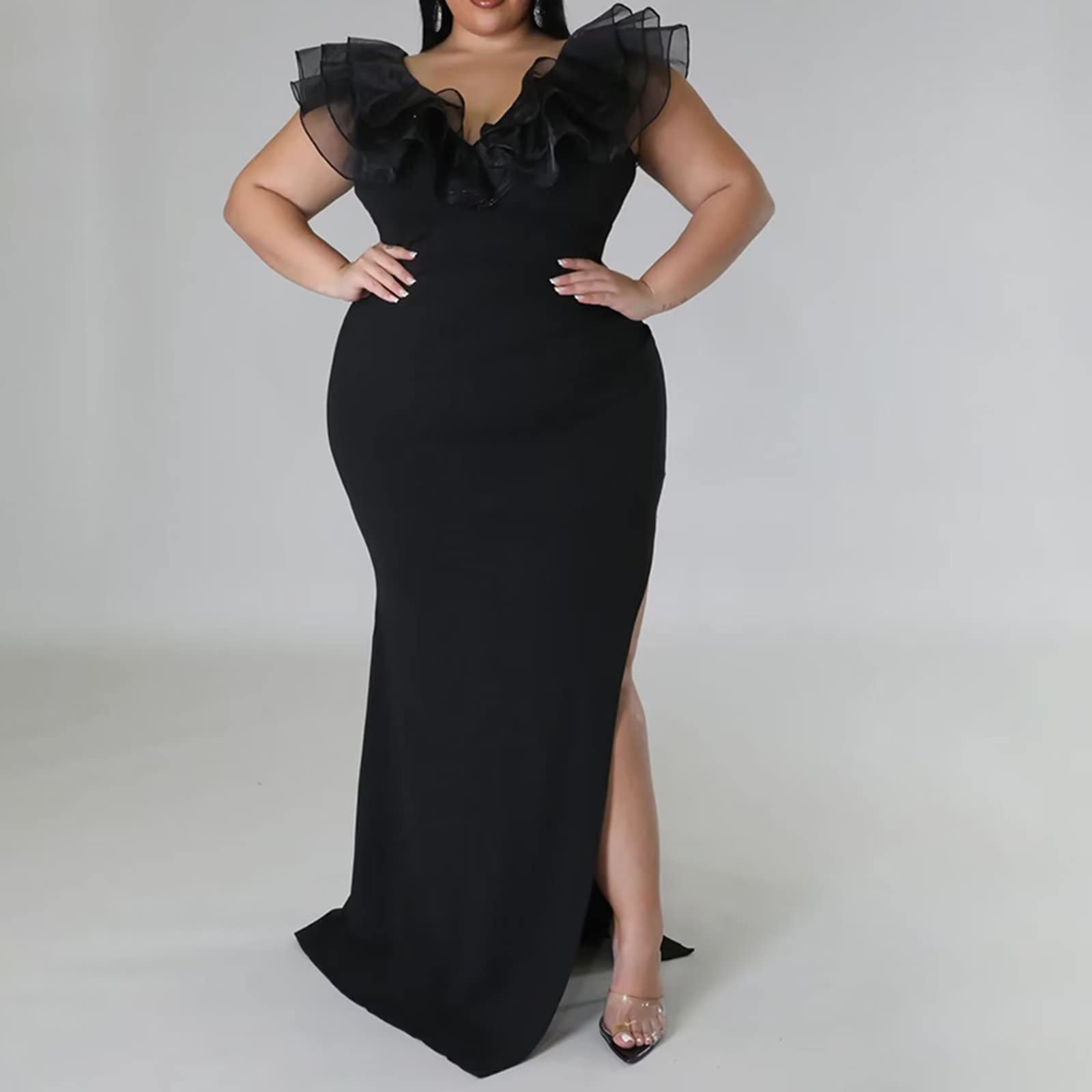 IyMoo Women's Sexy Plus Size Bodycon V Neck Ruffle Mesh Sleeve Backless Cocktail Evening Mixi Dresses Black 4XL