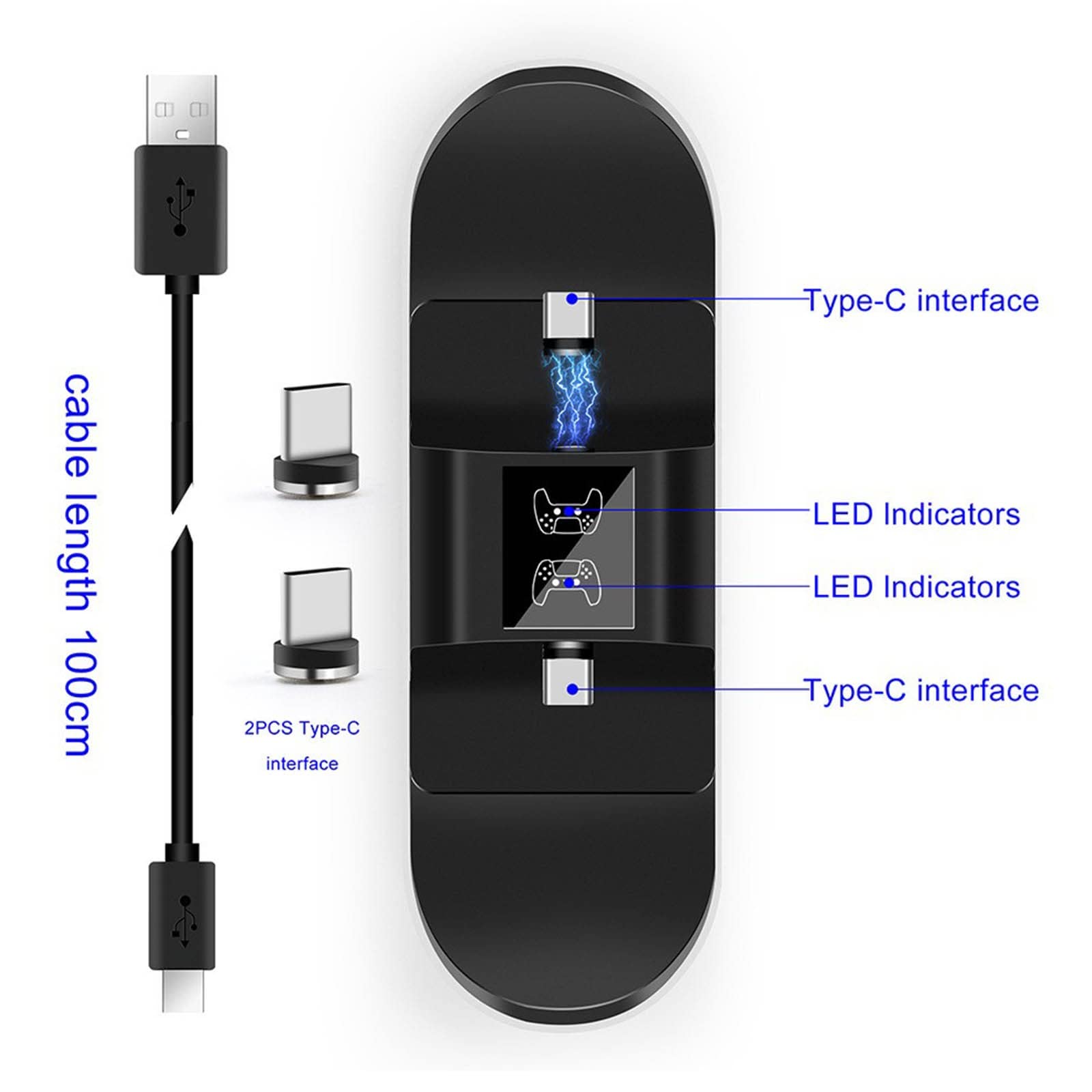 PS5 Controller Charger Station with Two Type-C Charging Dongles, PS5 Controller Fast Charging Dock with Safety Chip Protection & LED Indicator (A)