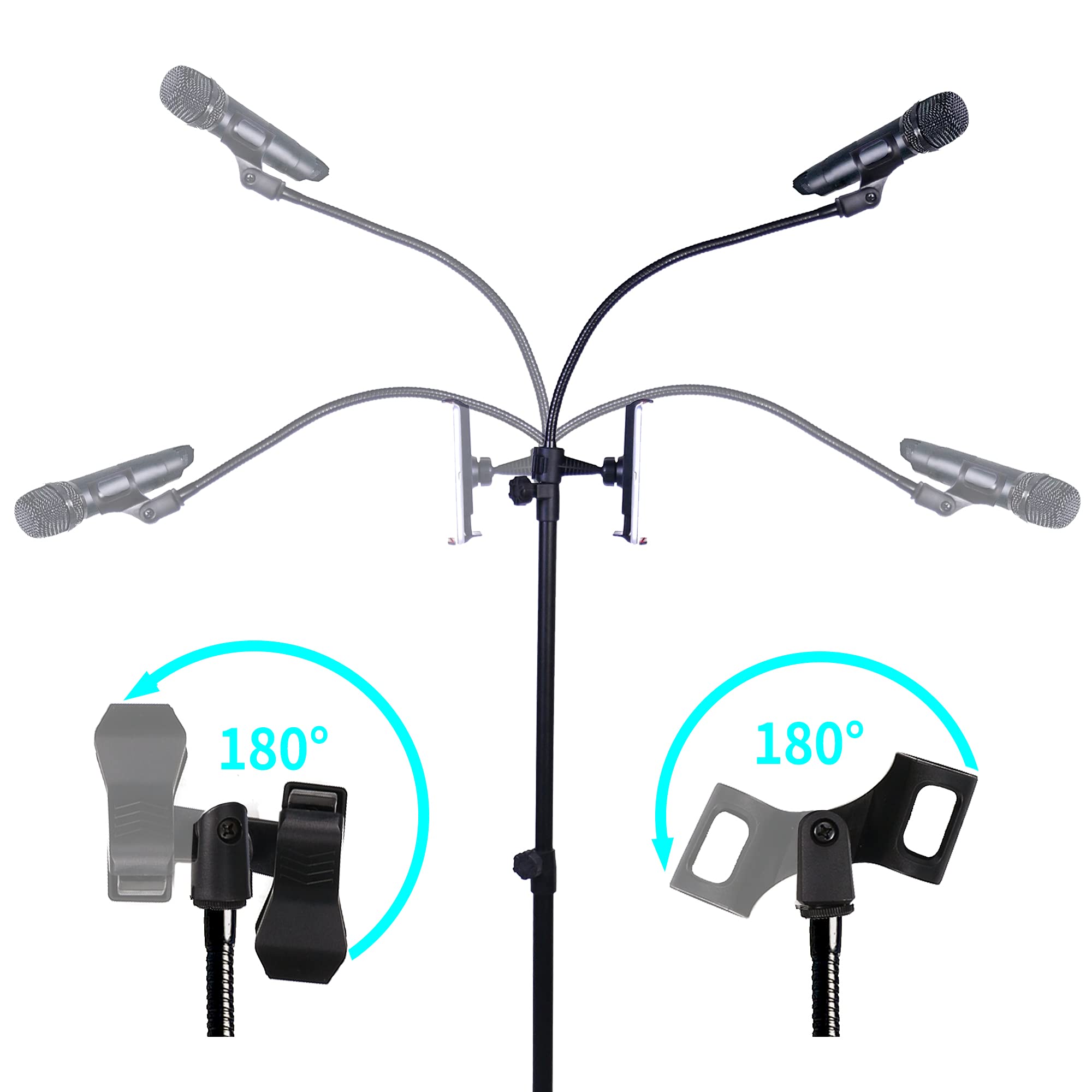 Microphone Stand Portable Mic Stand with Phone Holder,Detachable Gooseneck Mic Tripod - Adjusted Height From 3 to 6 Feet - with 2 Standard Mic Clips