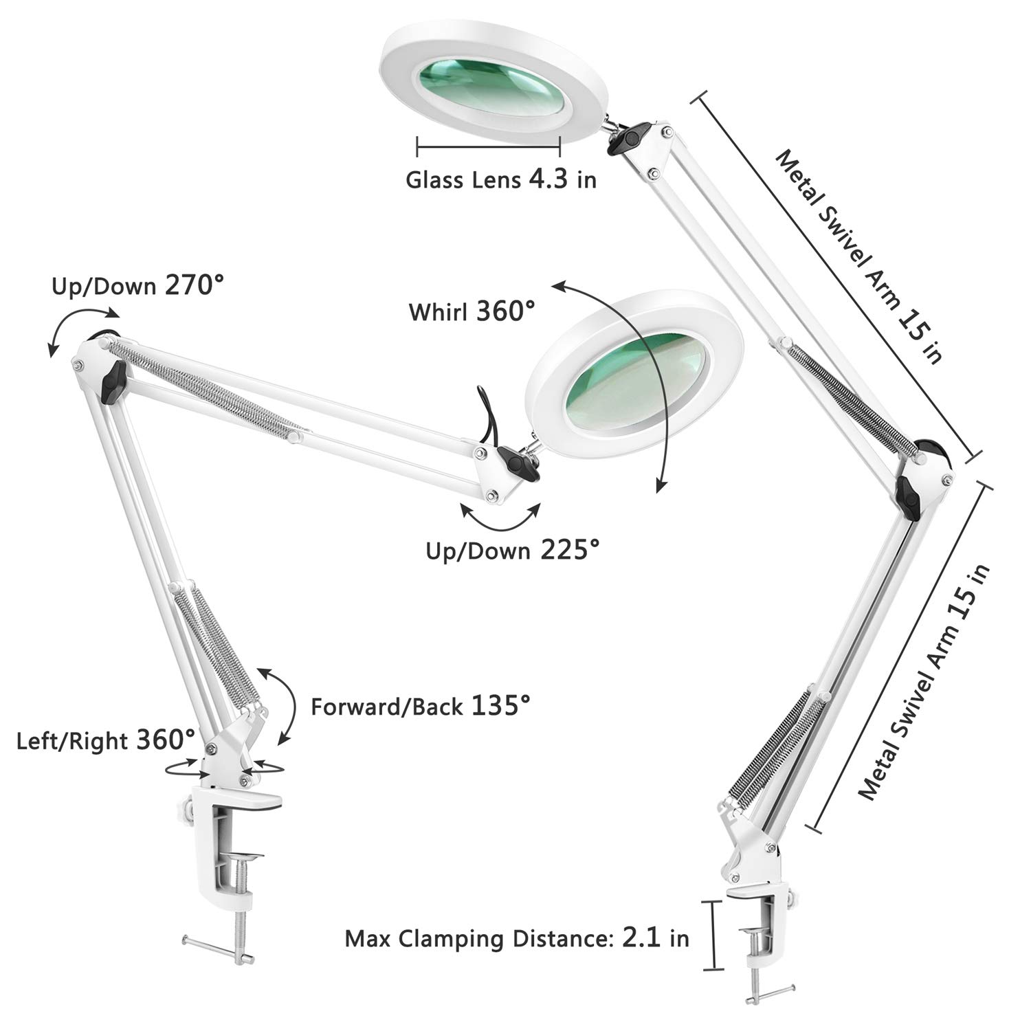 LANCOSC Magnifying Desk Lamp, 10X Real Glass Lens, 3 Color Modes, Stepless Dimmable, Adjustable Swivel Arm with Clamp, LED Magnifier Light and Stand for Crafts, Reading, Close Work - White