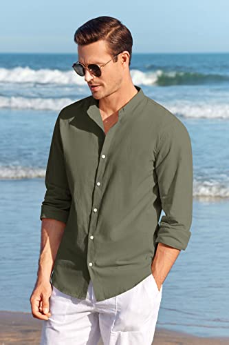 Makkrom Men's Cotton Linen Shirts Long Sleeve Button Down Band Collar Summer Beach Shirt Top Army Green