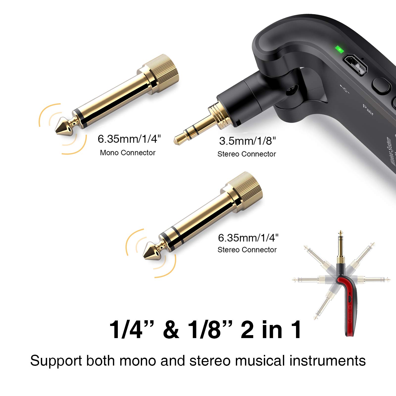 LEKATO Wireless Guitar System 2.4GHz Rechargeable Audio Wireless Transmitter Receiver 6 Channels for Guitar Bass Electric Instruments, Stereo and Mono 1/4โ & 1/8โ 2 in 1 Plugs,Black(WS-60)