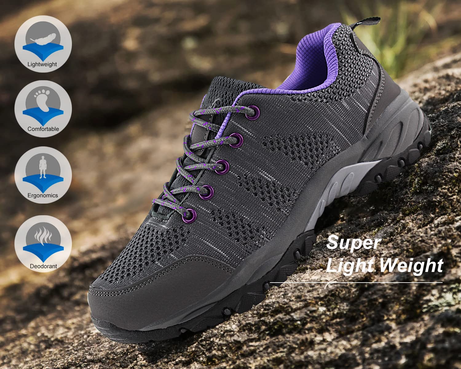 JABASIC Women Hiking Shoes Breathable Mesh Athletic Outdoor Sneakers (Grey/Purple,7)