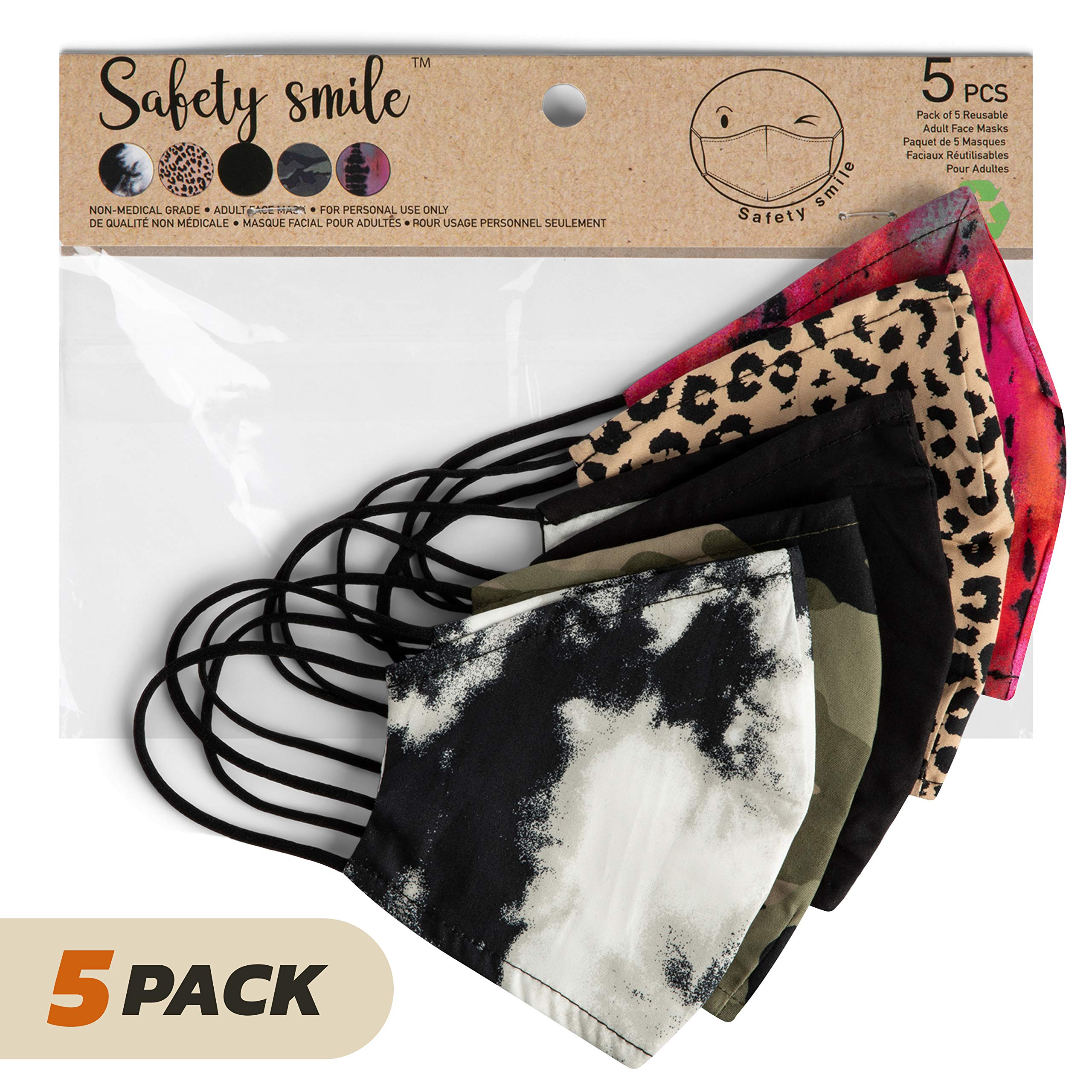 Lanos Safety Smile 5-Pack Fashion Prints Reusable 100% Cotton Face Fask- Nose Wire