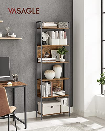 VASAGLE ALINRU 6-Tier Bookshelf, Tall Storage Shelves, Shelving Unit with Steel Frame, for Living Room, Entryway, Hallway, Office, Industrial Style, Rustic Brown and Black ULLS113B01