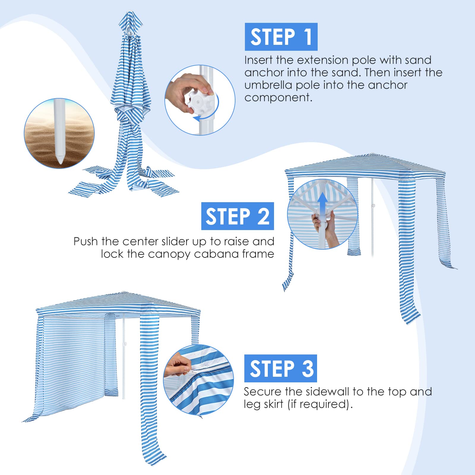 MIDDOW Beach Cabana, 6.7โ x 6.8โ Easy to Set up Beach Tent w/ Adjustable Height, Detachable Sidewall, Carry Bag, 4 Sandbags, NP10352BL Sun Shelter