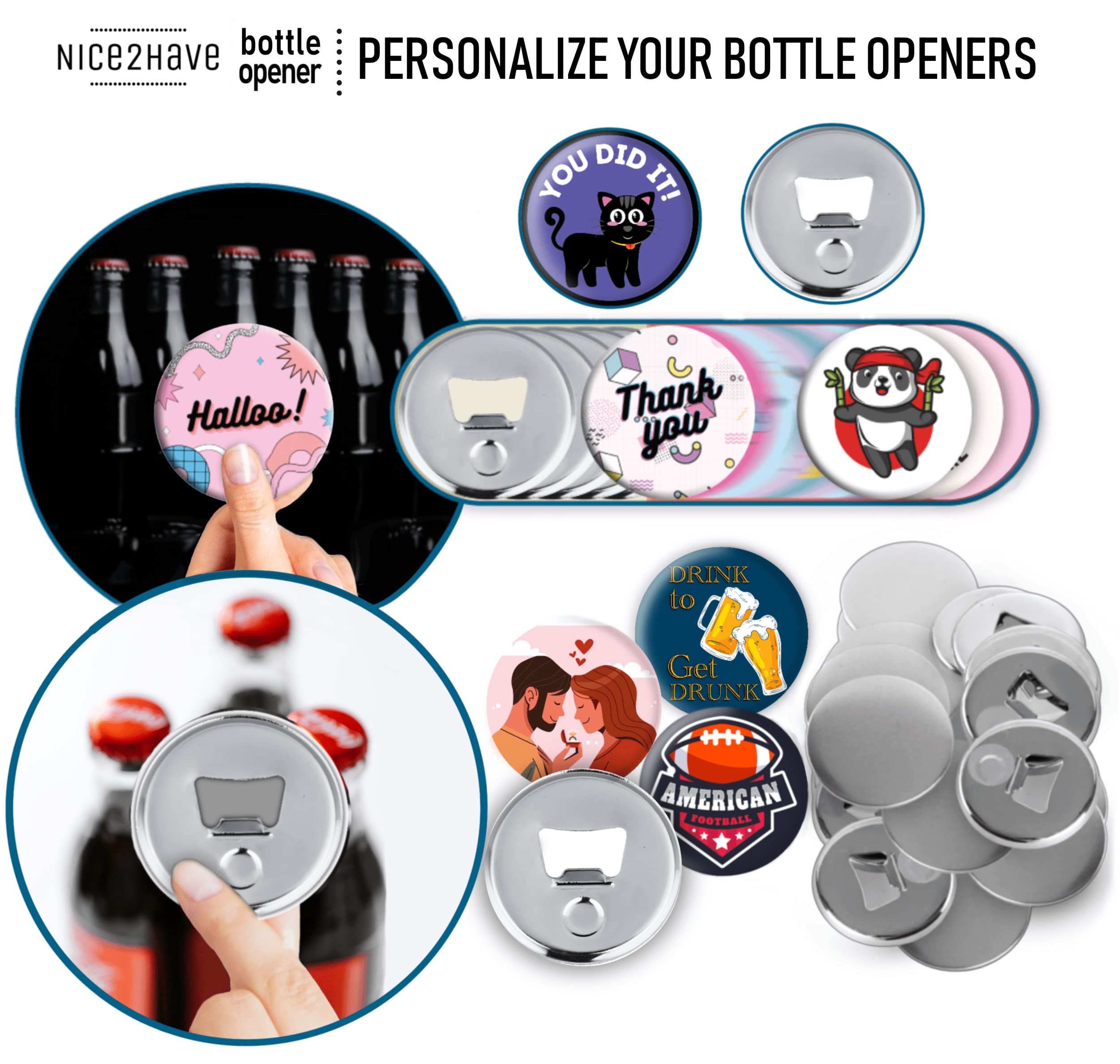Nice2Have 25 Sets of Bottle Opener Button Parts 2.25 inch (58mm) - Button Maker Supplies for Button Maker Machine