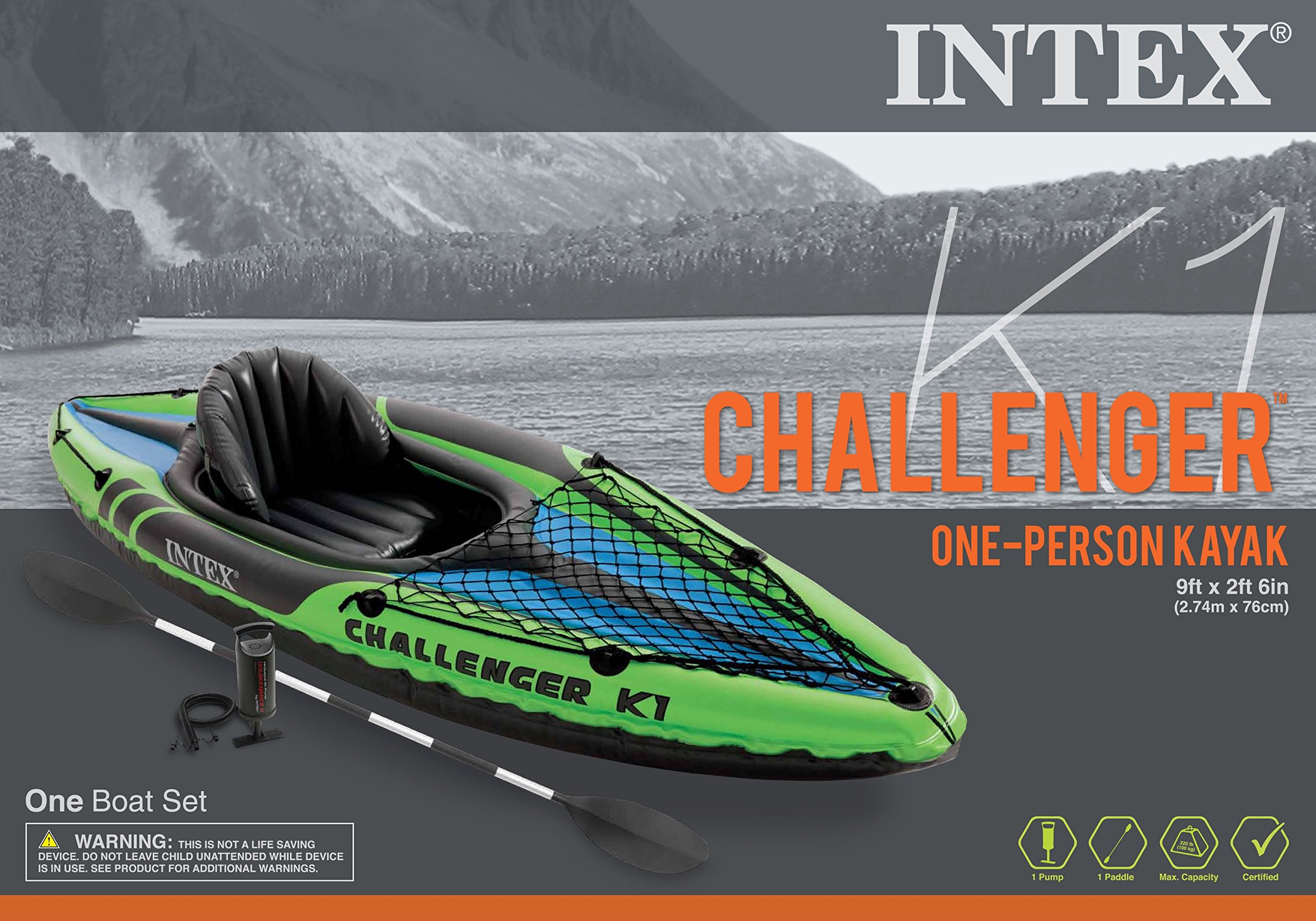 Intex Challenger K1 1 Person Inflatable Sporty Kayak with a 86 Inch Long Aluminum Oar and Hand Pump for Lakes and Mild Rivers, (3 Pack)