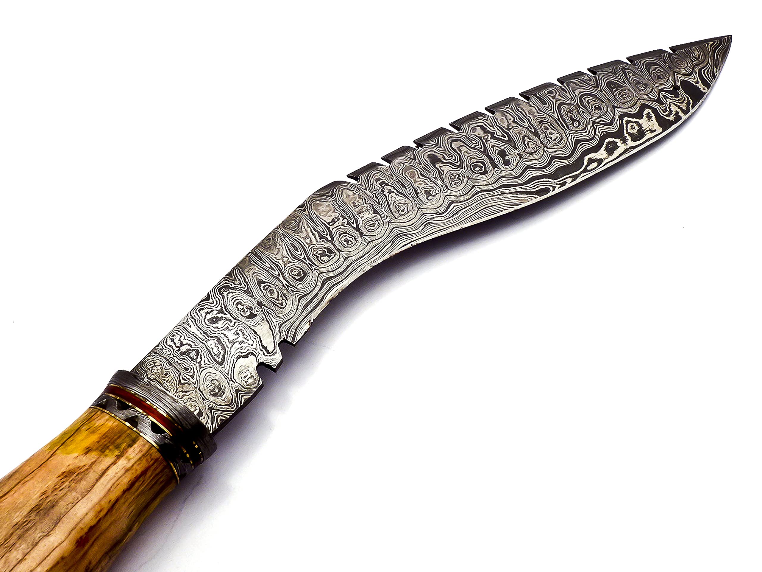 Mid American Cutlery Custom Hand Made Beautiful Damascus Hunting Knife Kukri Handle Olive Wood with Burl Wood