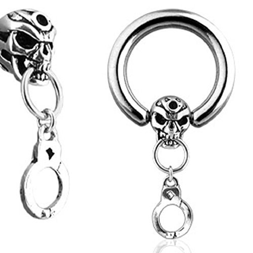 Inspiration Dezigns Skull and Handcuff Dangle 316L Surgical Steel Captive Bead Ring - Sold Individually (12G)