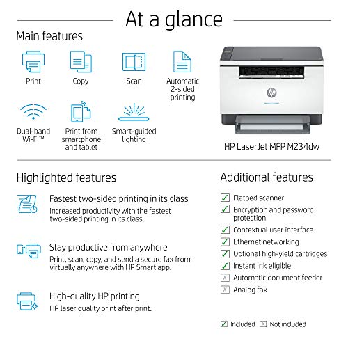 HP LaserJet MFP M234dw Wireless Monochrome All-in-One Printer Scanner, Copier, Fax, Bluetooth, Wifi, USB, Ethernet Connectivity, Instant Ink ready Ideal for Small Businesses and Home Offices (Renewed)