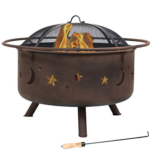 Sunnydaze Cosmic 30-Inch Fire Pit with Cooking BBQ Grill Grate, Spark Screen, and Fireplace Poker - Celestial Design