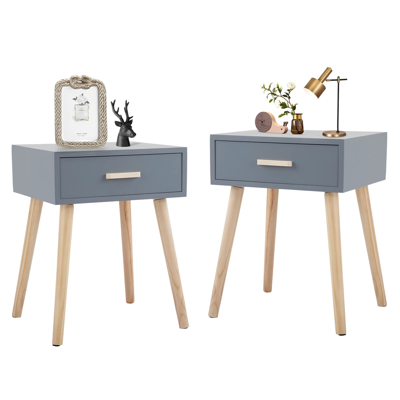JAXPETY Set of 2 Morden Nightstands with Solid Wood Legs, Bedside Table Night Stands for Bedroom, End Table with Storage Drawer, Grey