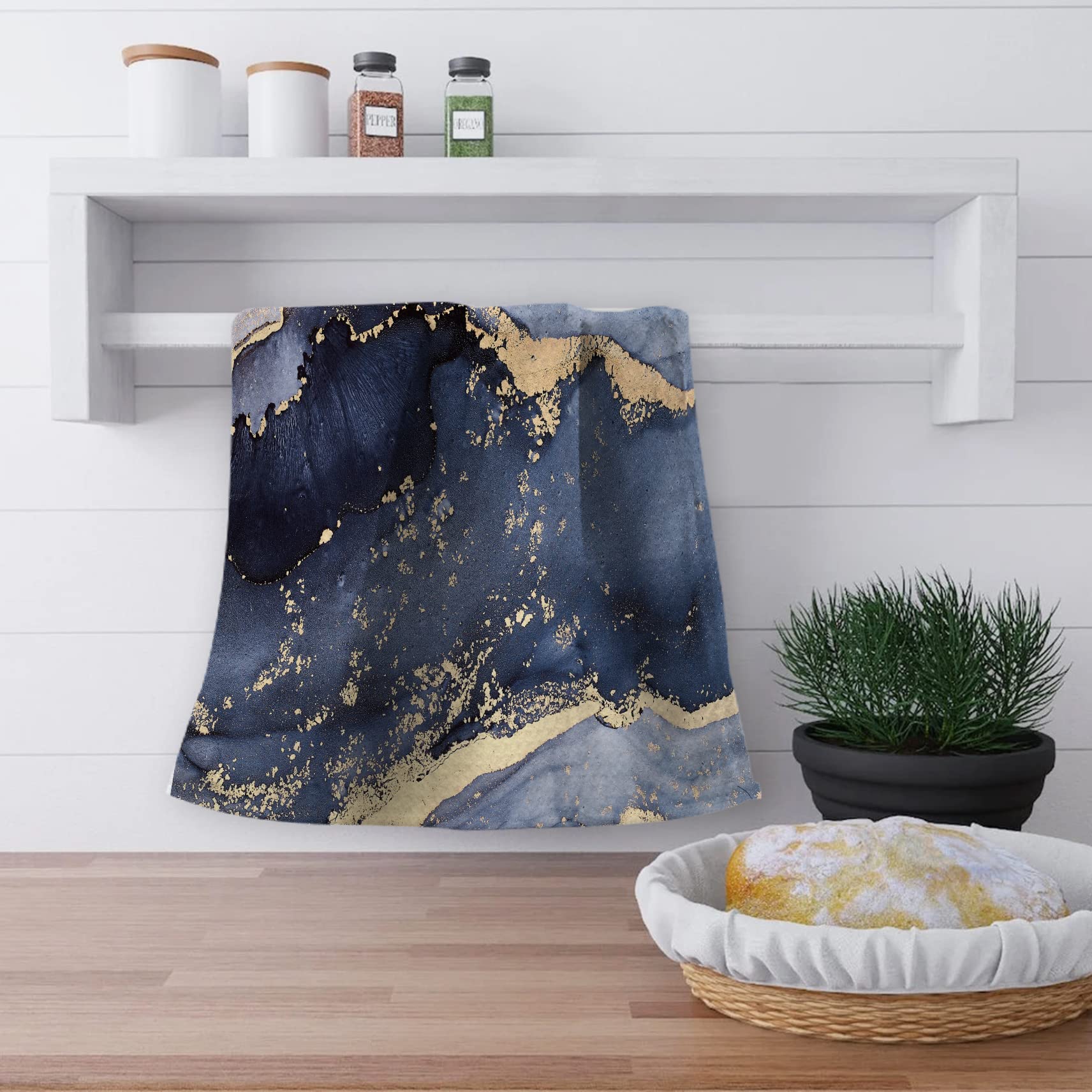 OHSUL Navy Blue Marble with Golden Veins Absorbent Kitchen Towels Dish Towels Dish Cloth,Abstract Modern Texture Hand Towels Tea Towel for Bathroom Kitchen Decor