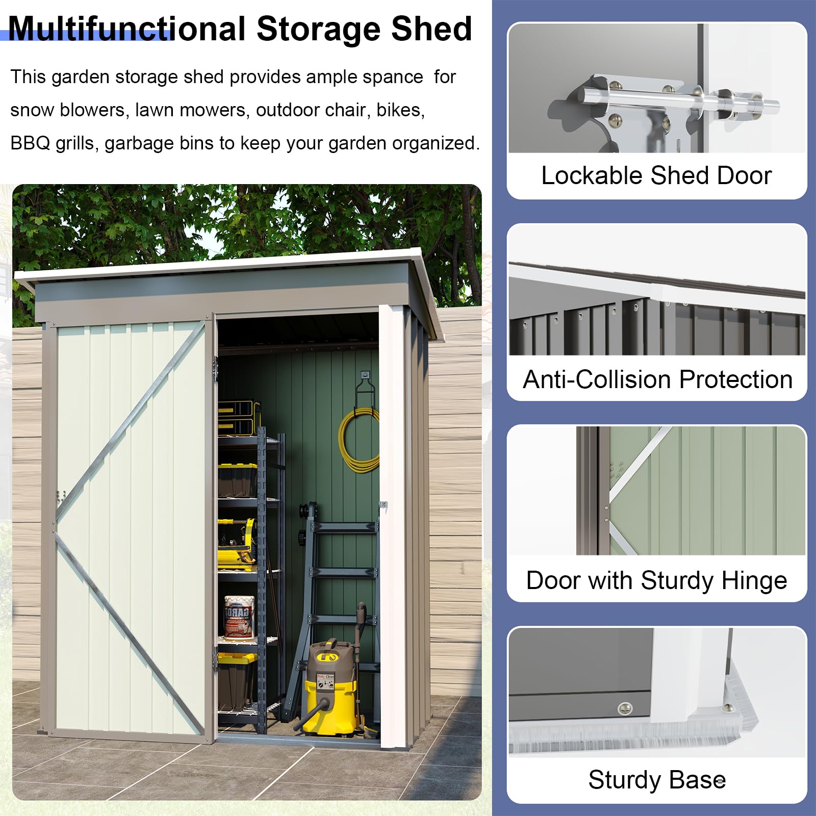 VOTSMOKK 5 x 3 FT Outdoor Storage shed, Metal Tool Shed Storage House with Lockable Door, Small Shed Outside Storage Waterproof Shed for Backyard, Garden and Patio, Grey