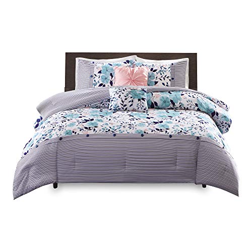 Intelligent Design Delle Comforter Set Full/Queen Size - Blue , Floral Stripes – 5 Piece Bed Sets – Ultra Soft Microfiber Teen Bedding For Girls Bedroom