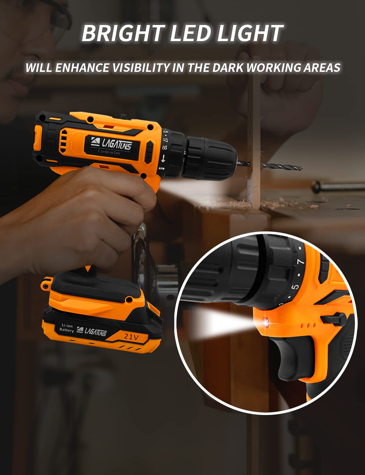 Power Drill Cordless,21V Electric Power Drill Set,18+1 Clutch & Variable Speed,3/8-Inch Keyless Chuck,40NM(355in-Lbs)Max Torque,with a Battery & Charger,and other Accessories