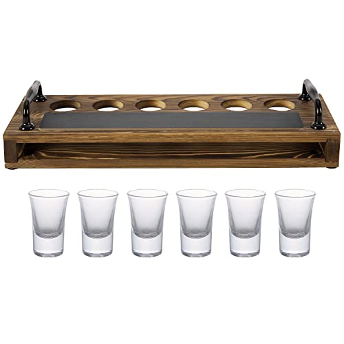 MyGift Tequila Shot Glasses Liquor Flight Tasting Set Includes Burnt Wood Serving Tray with Chalkboard Panel and Metal Handles and 6 Clear Shot Glasses