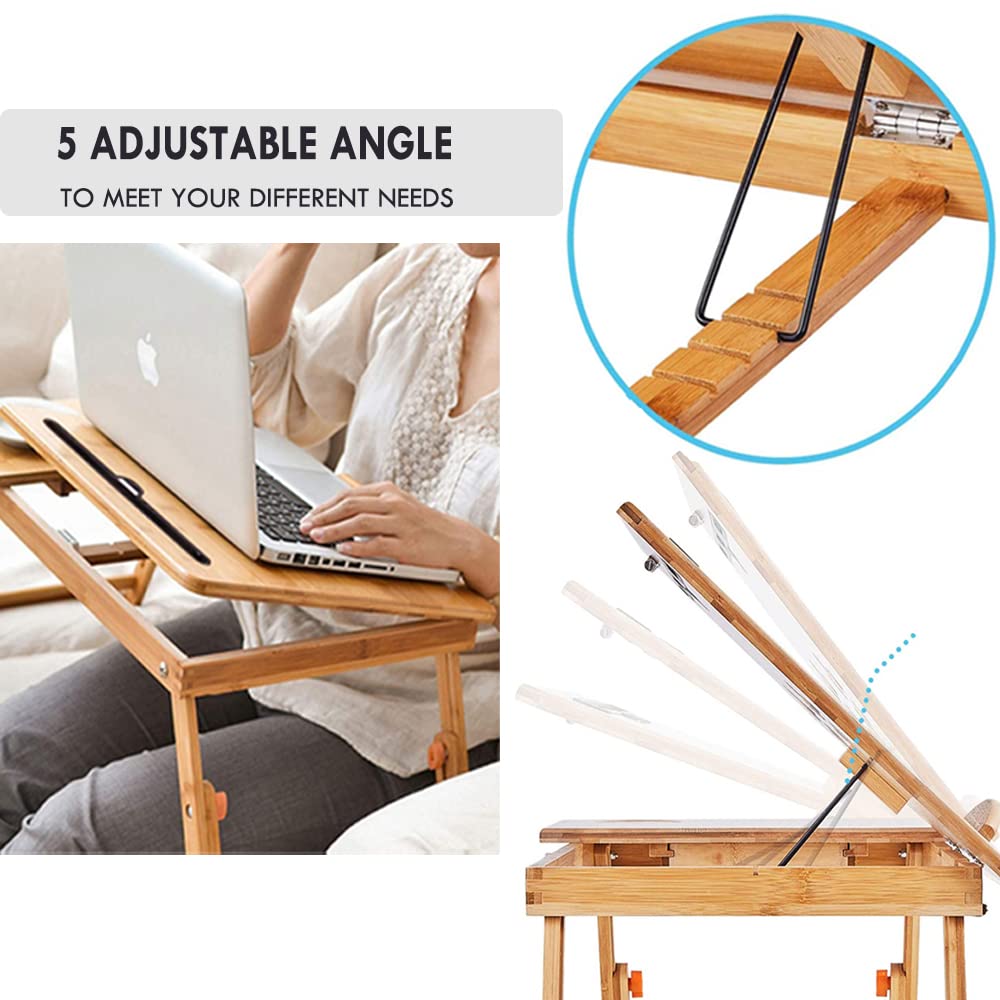 Lap Desk, DELAM Foldable Bamboo Laptop Bed Desk, Adjustable Height Breakfast Serving Bed Tray Table with Tilting Top Storage Drawer for Work Office Bedroom Reading Writing Eating