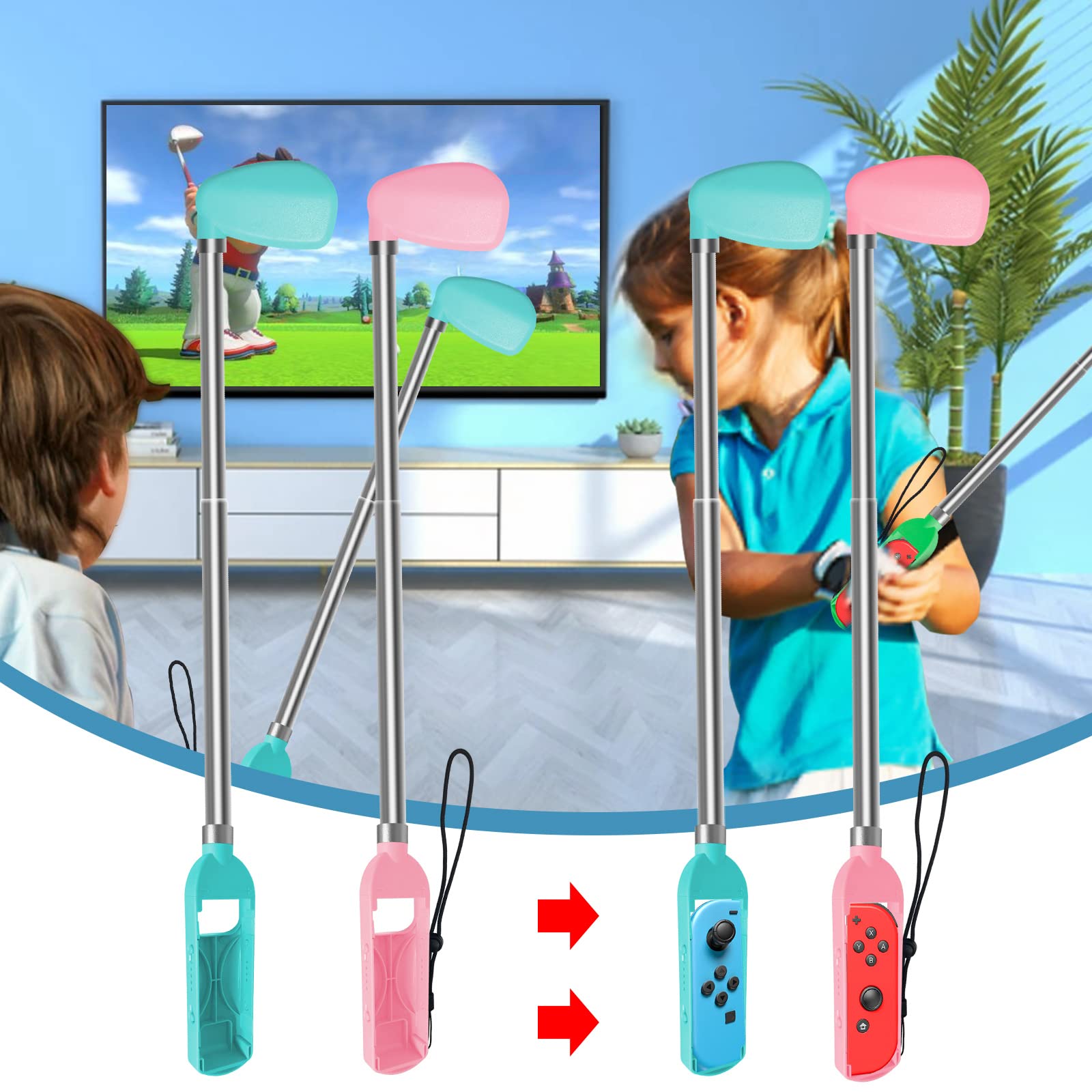 lelinker 2Pack Golf Club for Mario Golf Switch Game Sports Accessories, Golf Switch Game Sports Accessories 4 Lengths Adjustable Grip with Wrist Strap for Mario Golf Switch Sports(Blue/Pink)