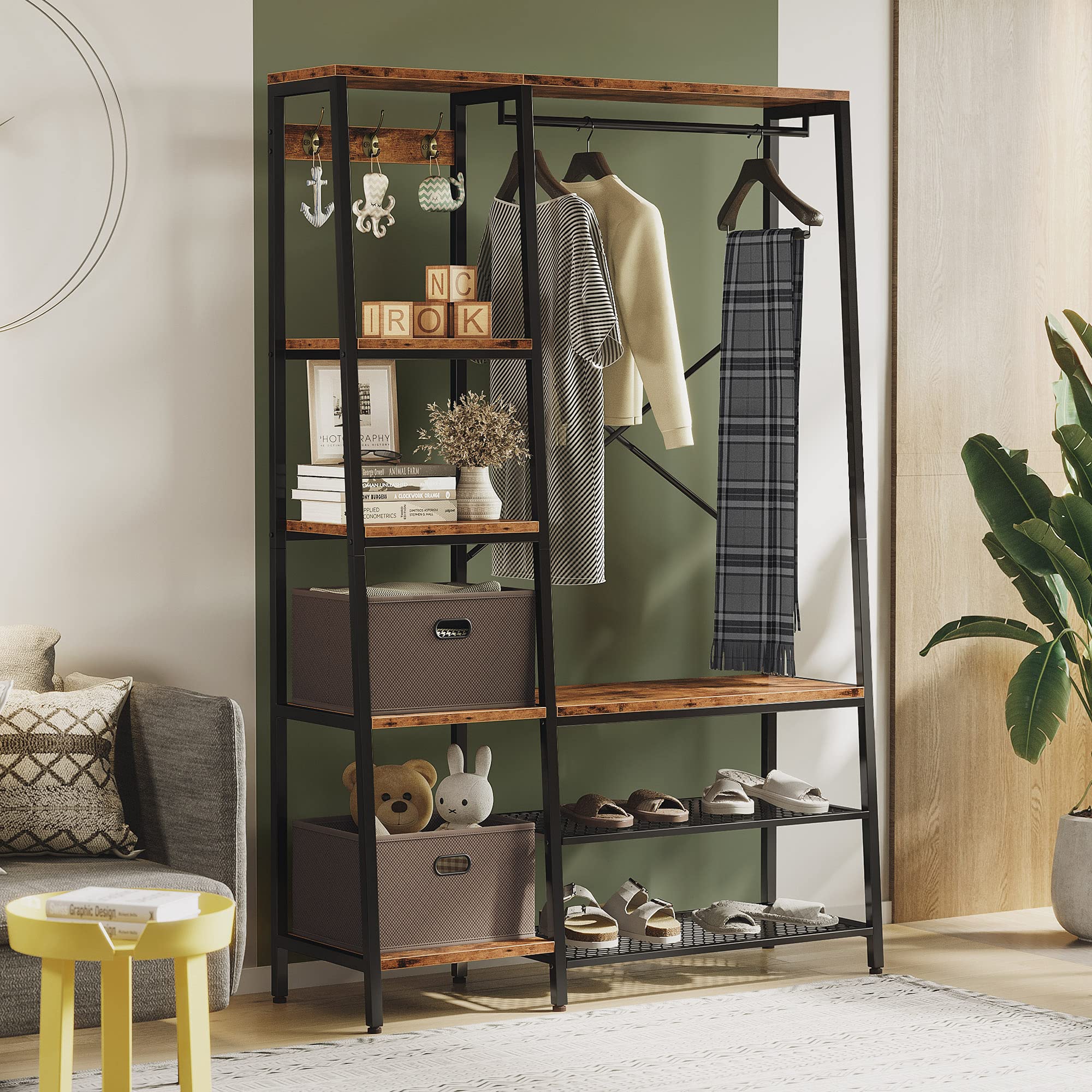 IRONCK Hall Tree with 3 Hooks, Coat Rack Free Standing, Industrial Entryway Organizer with Storage Bench, 5-in-1 Large Size