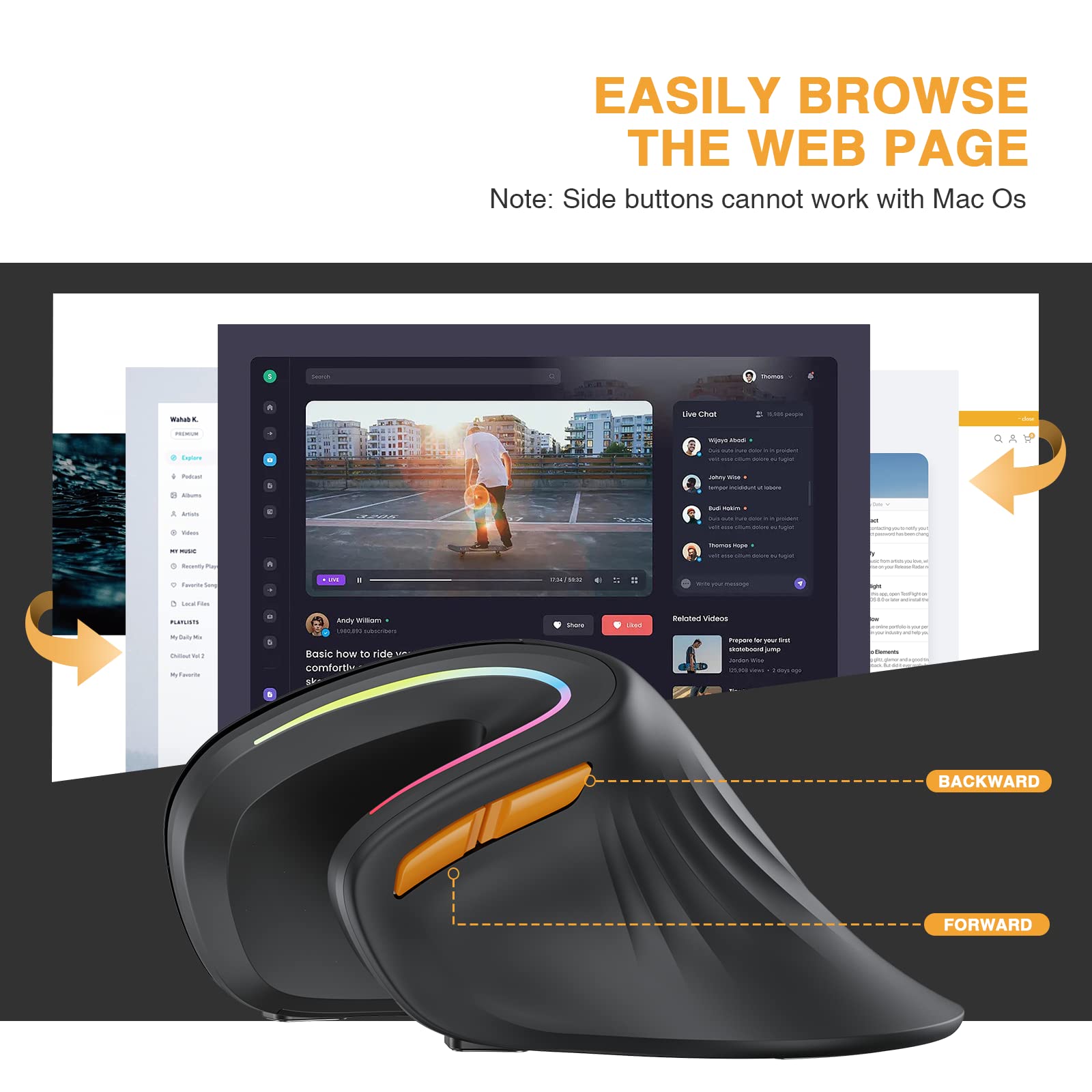 ProtoArc Ergonomic Mouse Wireless, EM11 Bluetooth Vertical Ergo Mouse, Rechargeable, 2.4G RGB Optical Vertical Mice with 3 Adjustable DPI, 3-Device Connection for PC, iPad, Mac, Windows (Black)