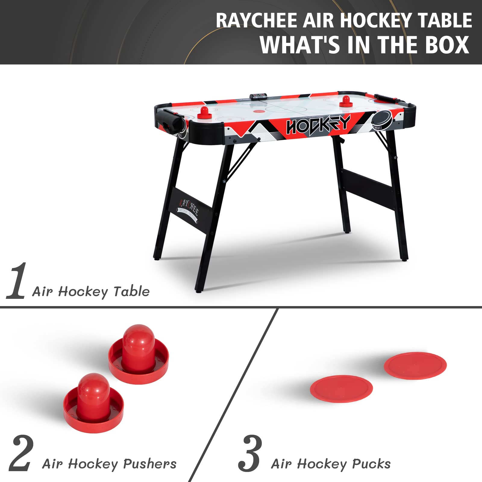 RayChee Foldable Powered Air Hockey Table, 48β Indoor Hockey Table Sports Gaming Set w/2 Pucks, 2 Pushers, LED Scoreboard, Powerful Fan Motor for Adults and Kids, Home Game Room (Red)
