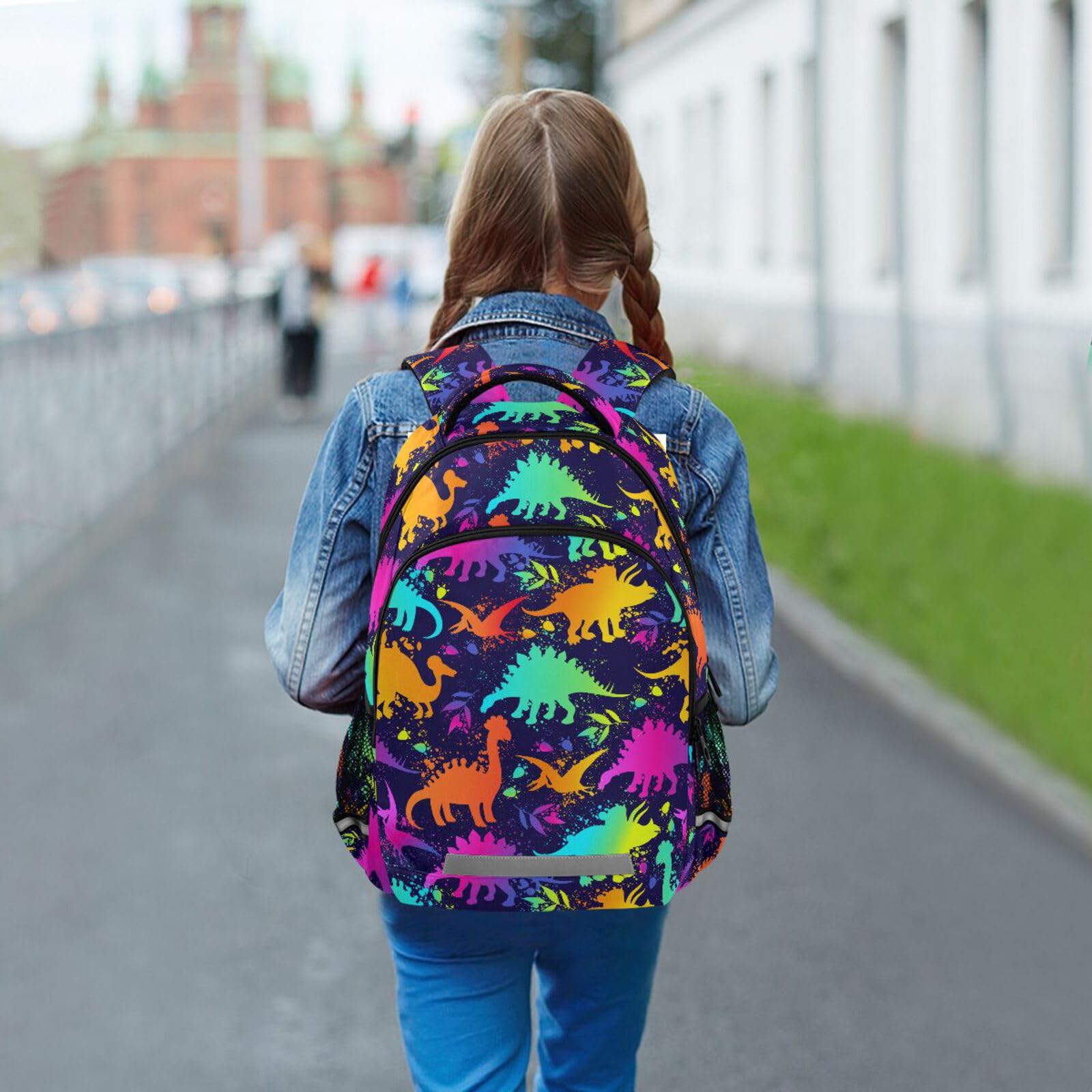 JHKKU Kids Backpack for Boys Girls Bookbags Colorful Neon Dinosaurs School Backpack Elementary Bags Travel Daypack Lightweight Waterproof with Reflective Strip