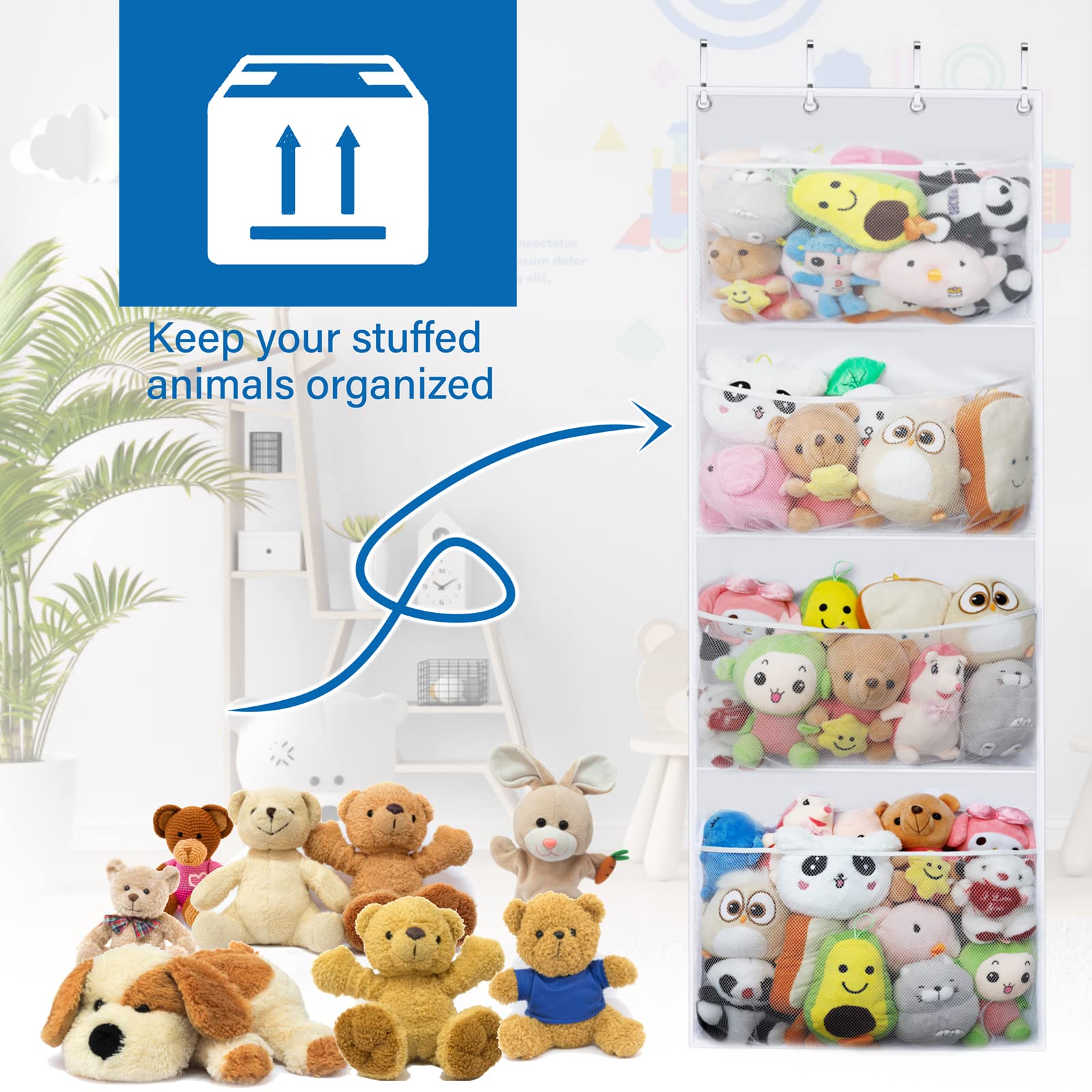 Roury Stuffed Animal Storage Over The Door Organizer Kids Room Storage Hanging Door Organizer Holder Net (white)