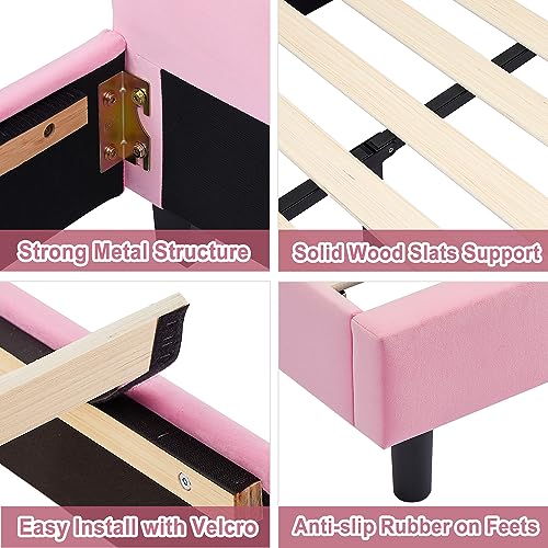 VECELO Kids Twin Bed Frame with Upholstered Headboard, Princess Beds for Girls, 12 Wooden Slats Support, No Boxing Spring Needed