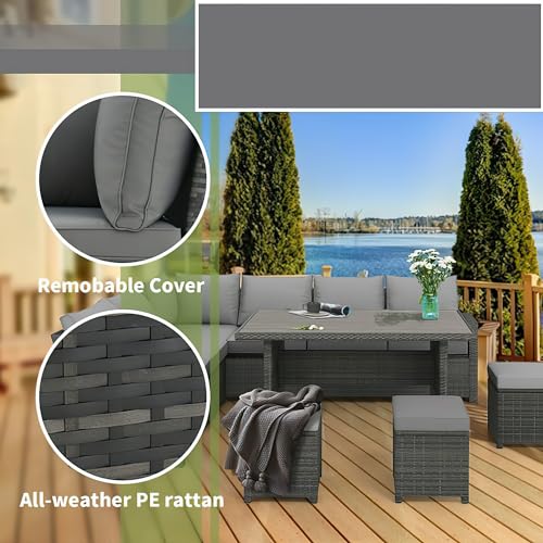 ICOMPY Patio Furniture Set 7-Piece Rattan Wicker Sectional Sofa Couch Outdoor Dining Conversation Set in Gray