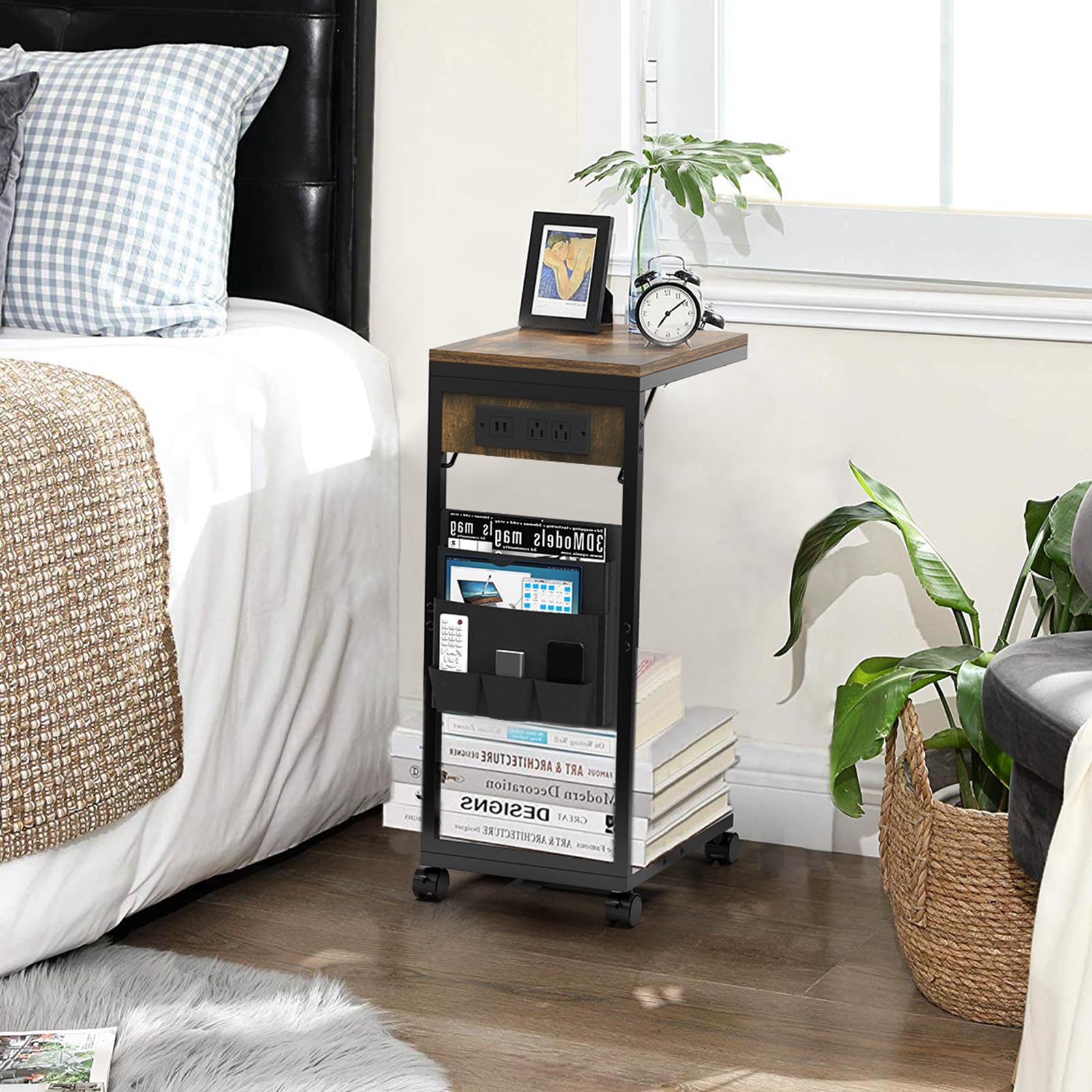 Himix Pre Assembled C Table End Table, Foldable Side Table with Charging Station, Storage Bag, Wheels, Waterproof Rolling TV Tray Table for Bedside, Small Spaces, Couch, Bedroom