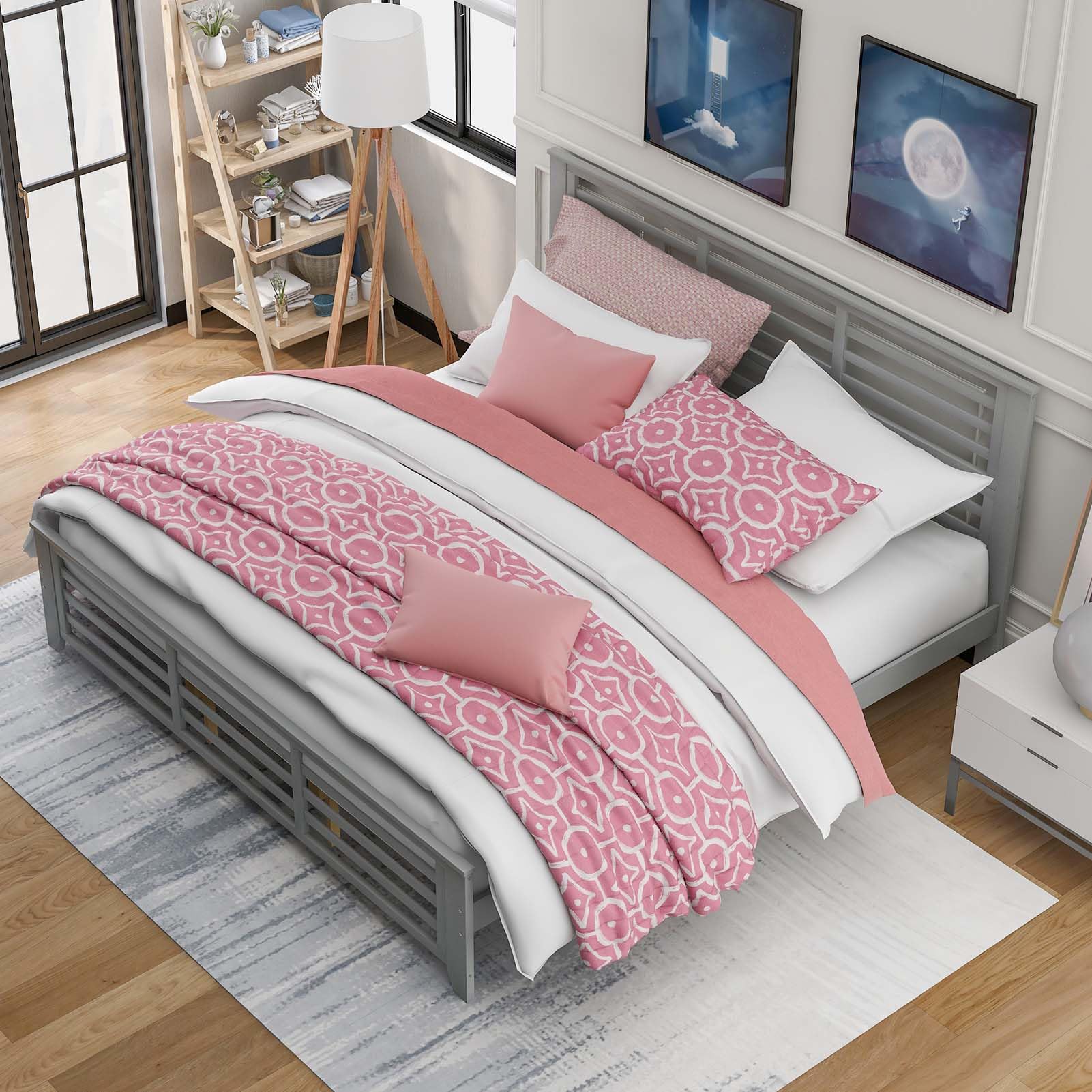 King Size Bed Frame, King Bed Frame with Horizontal Strip Hollow Shape Headboard, Pine Wood Platform Bed Frame for Teens Adults Bedroom, Noise Free/No Box Spring Needed (Gray)