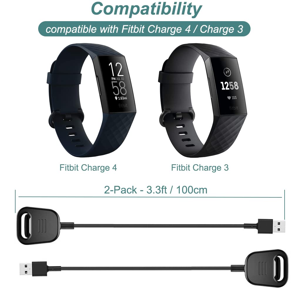 Kissmart Charger for Fitbit Charge 4, Replacement USB Charging Cable Cord Dock Adapter for Fitbit Charge 4 Fitness Wristband (2Pack, 1m/3.3ft)