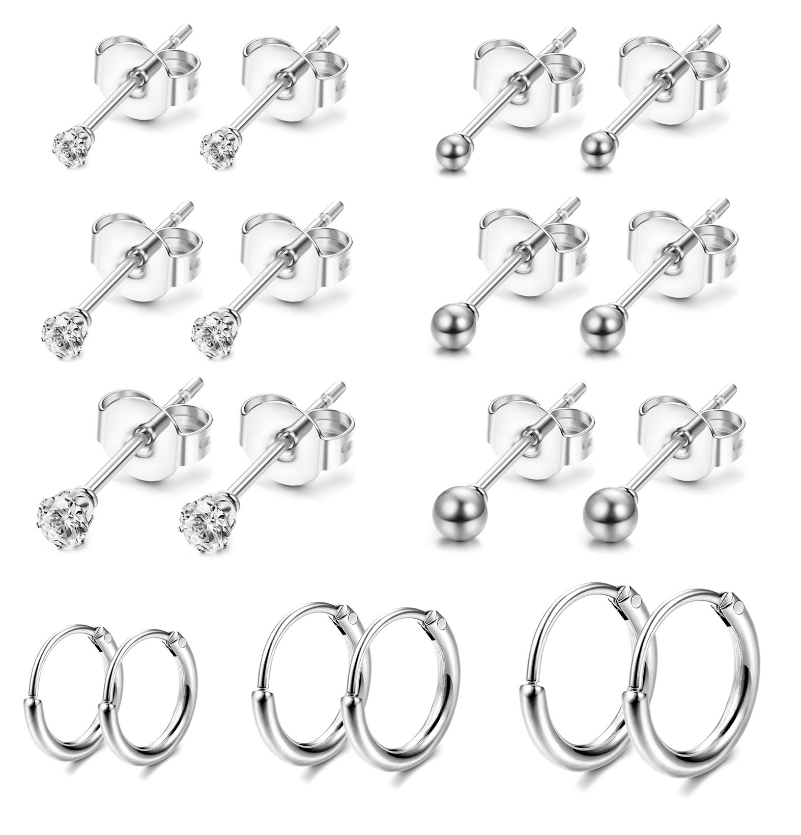 Jstyle 9Pairs Stainless Steel Tiny Stud Earrings for Women Endless Hoop Earrings CZ Ball Earrings Set Gold Tone