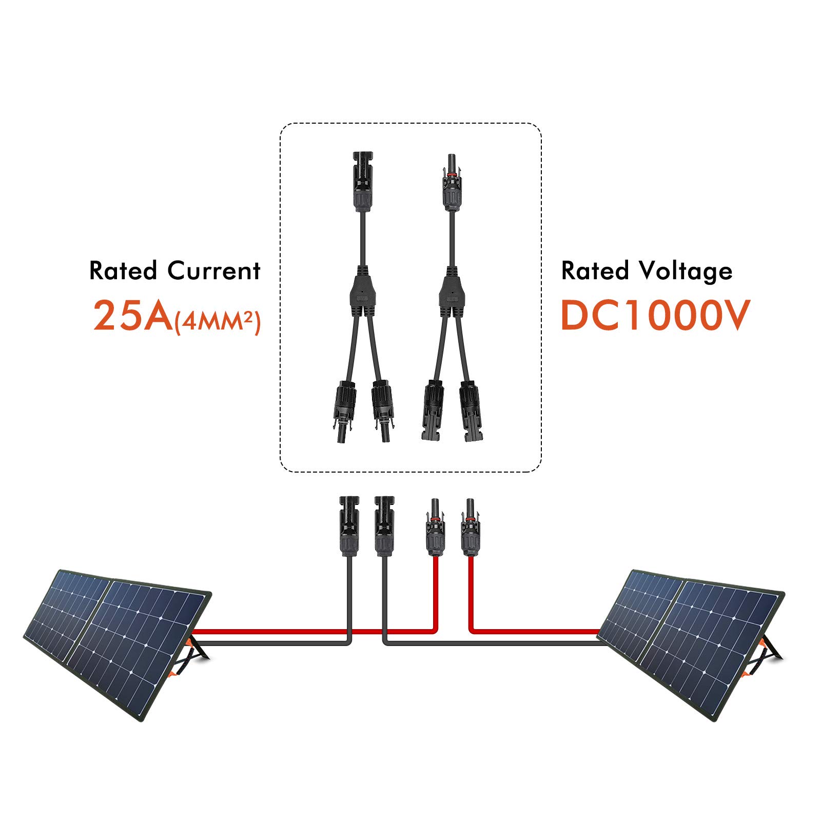 Kit for Connecting 2 Solar Panels in Parallel, Heavy Duty 25A Solar Panel Parallel Connectors, Solar Y Branch Plug Wire Cables (M/FF and F/MM)