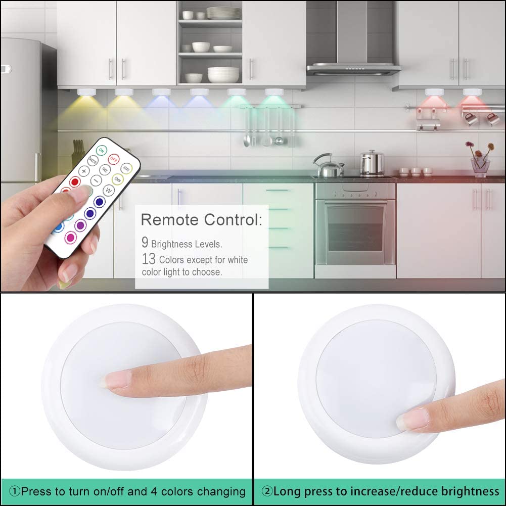 KINDEEP Mini Puck Light with 2 Remote Control, RGB 13 Colors Changing & Dimmable LED Under Cabinet Lighting Battery Powered Closet Lights for Kitchen Stick On Lights-Small Size 3 AAA Battery 6 Pack