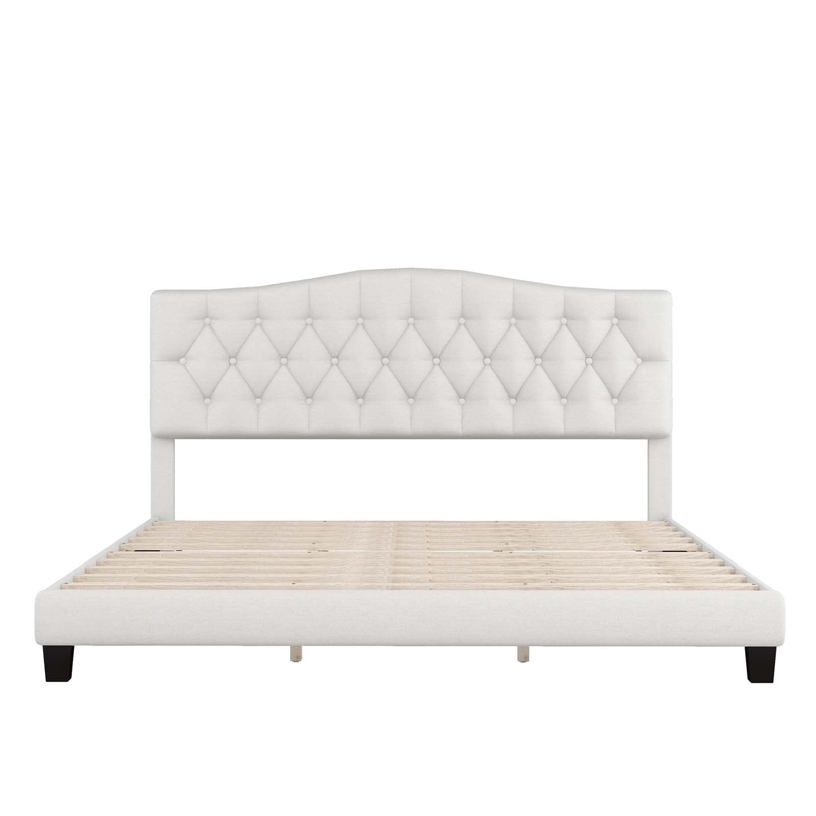 King Size Upholstered Platform Bed Frame with Saddle Curved Headboard and Diamond Tufted Details, Wooden Slats Support, No Box Spring Needed, Under Bed Storage (King)