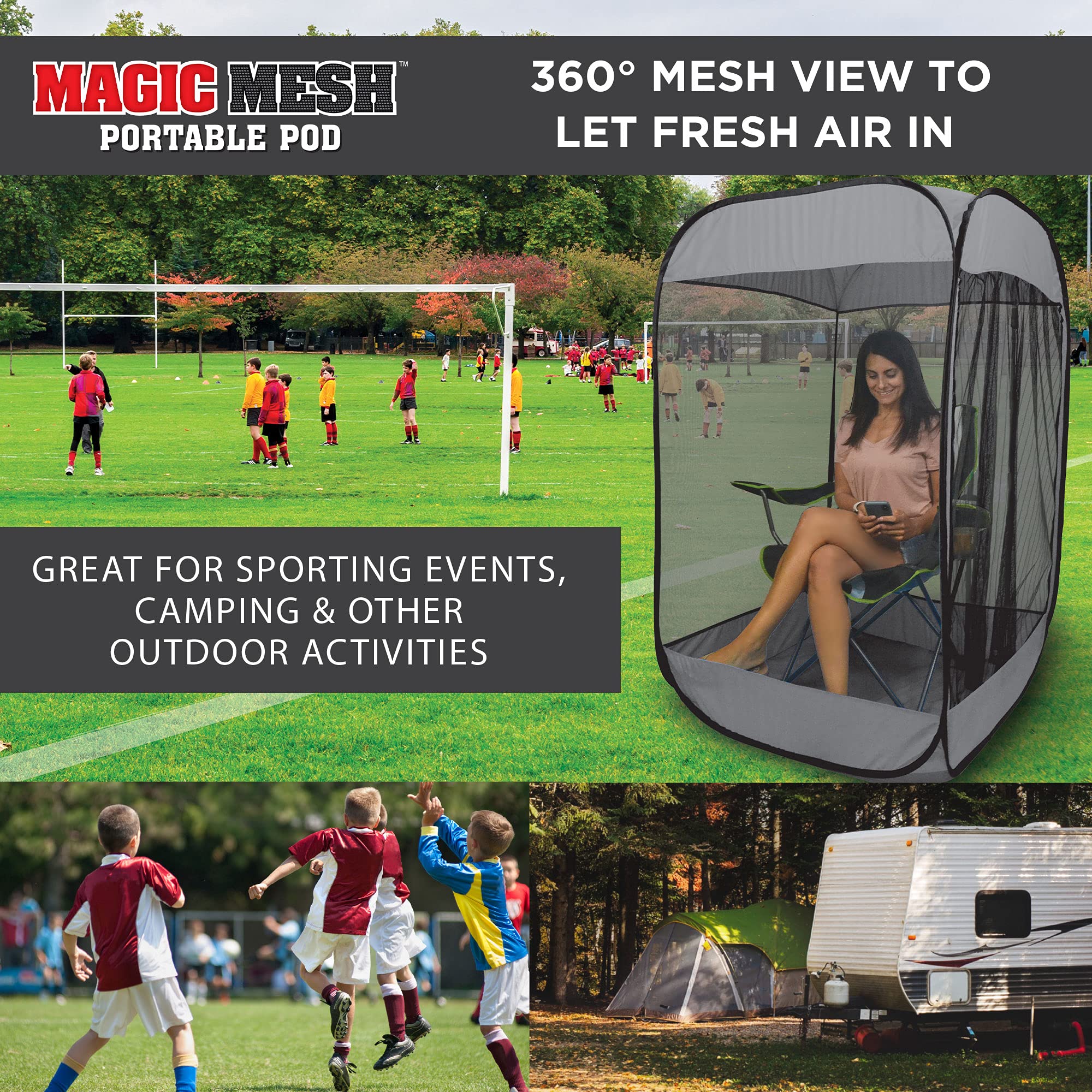 Magic Mesh Personal Portable Pod Modular Design, See-Through Mesh, Keeps Fresh Air in & Bugs Out, Pops Up in Seconds, Magnetic Door Panel, Fits One Adult & Folding Chair- 59" x 37.4" x 37.4"
