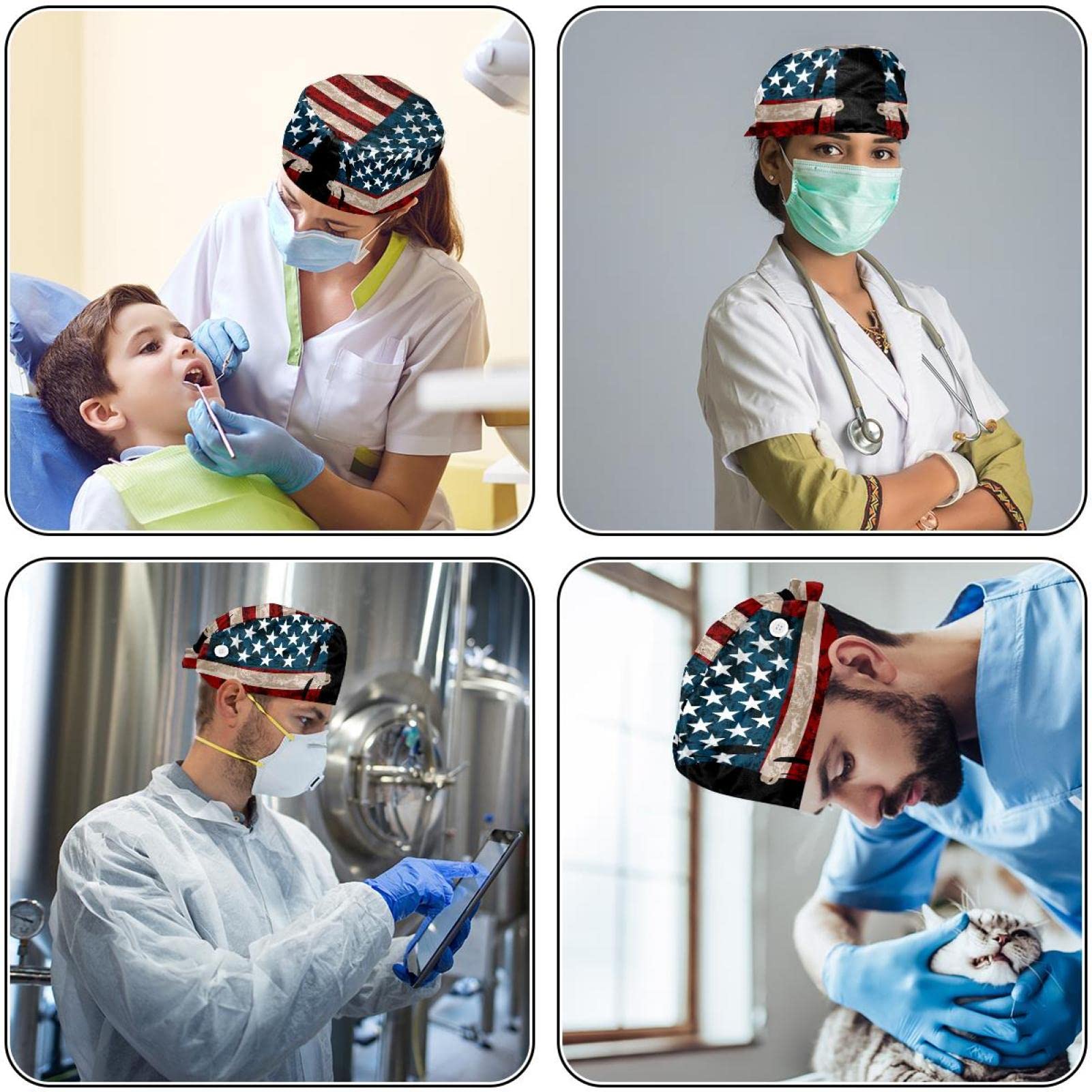 Pshhdgyhs 2 Pcs Adjustable Working Cap with Button, American striped flag Surgical Sweatband, Tie Back Hats for Women & Men Multicoloured 17, Hat diameter is 18cm/7in