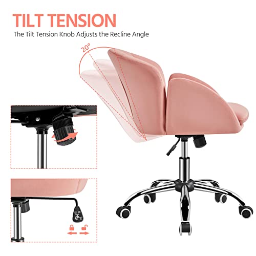 Yaheetech Cute Velvet Desk Chair for Home Office, Makeup Vanity Chair with Armrests for Bedroom Modern Swivel Rolling Chair for Women Pink