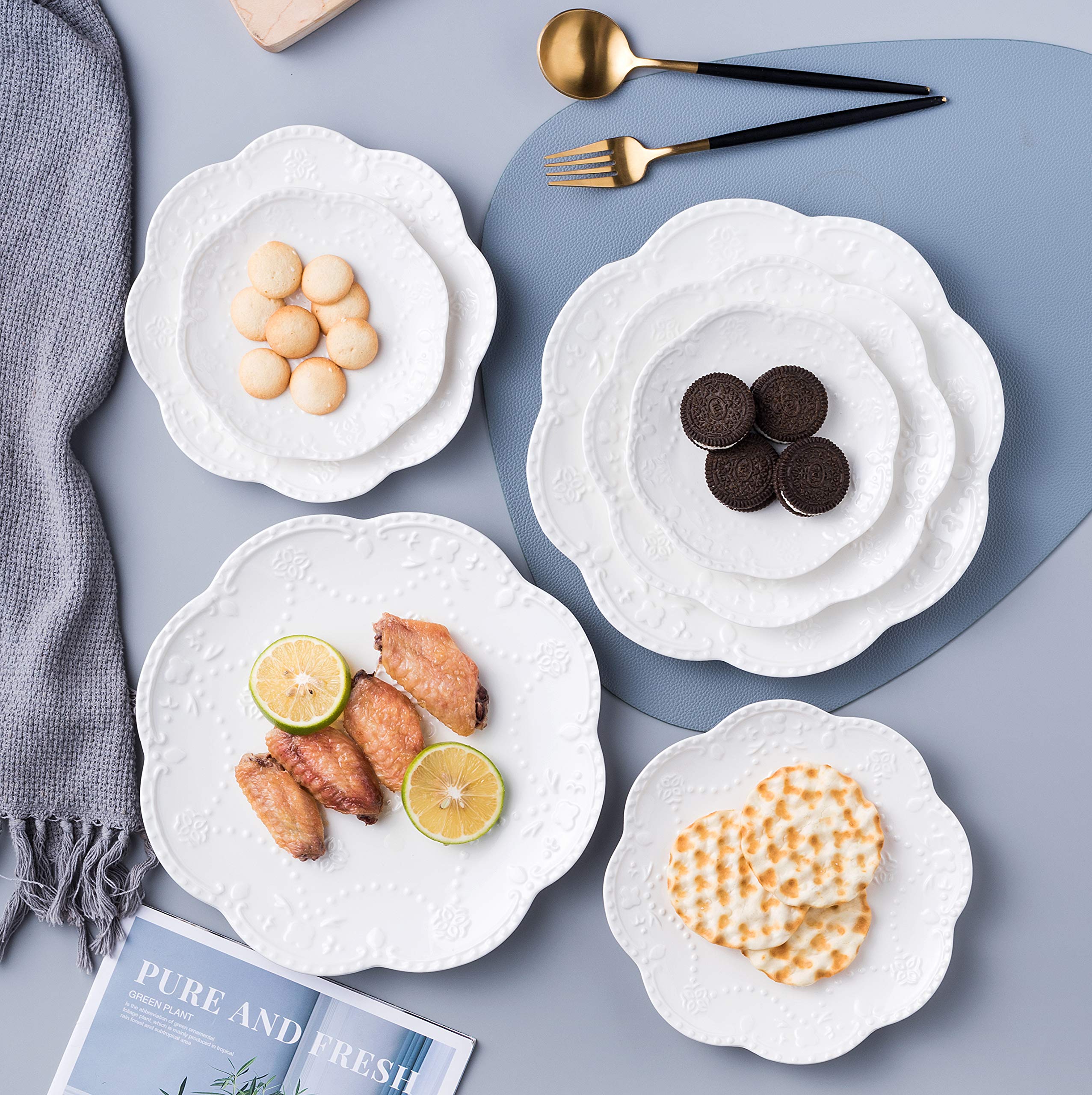 Jusalpha Embossed Lace Porcelain Plate-Dinner Plate Set, Pasta/Salad/Dessert Plate, Tableware Set for Restaurant Family Party Kitchen Use -4 Pieces, FD-PL15 (10 Inche, White)
