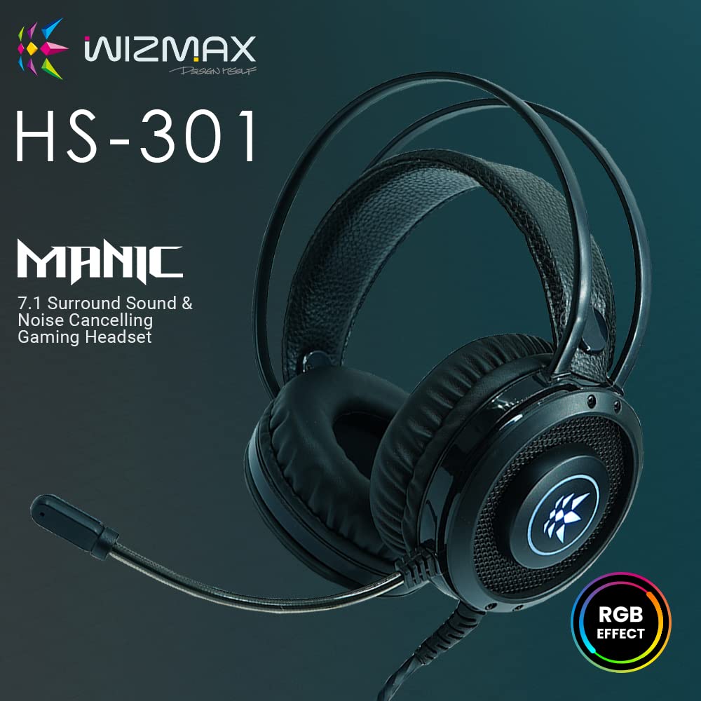 MANIC PC Gaming Headset HS-301 Wired RGB Effect Gaming Headphone with Microphone - Virtual 7.1 CH Surround Sound with Microphone, USB Type for Laptop & PC,Compatible with Windows 7910, BLACK