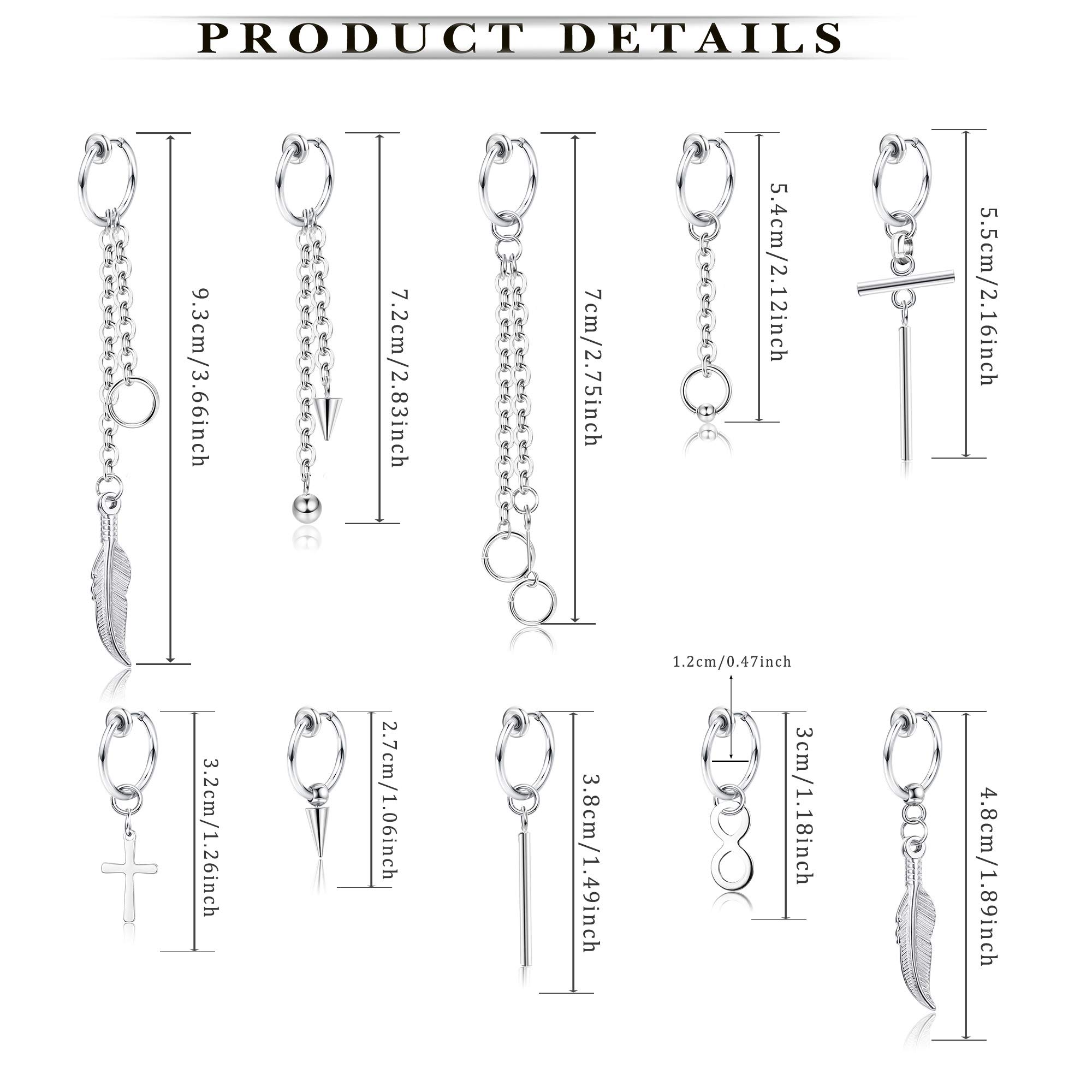 Magitaco 10 Pieces Hoop Dangle Earrings for Men Women Clip On Earrings Non Piercing Stainless Steel Dangle Hinged Hoop Earrings Long Chain Pendant Earrings Silver Kpop Earrings