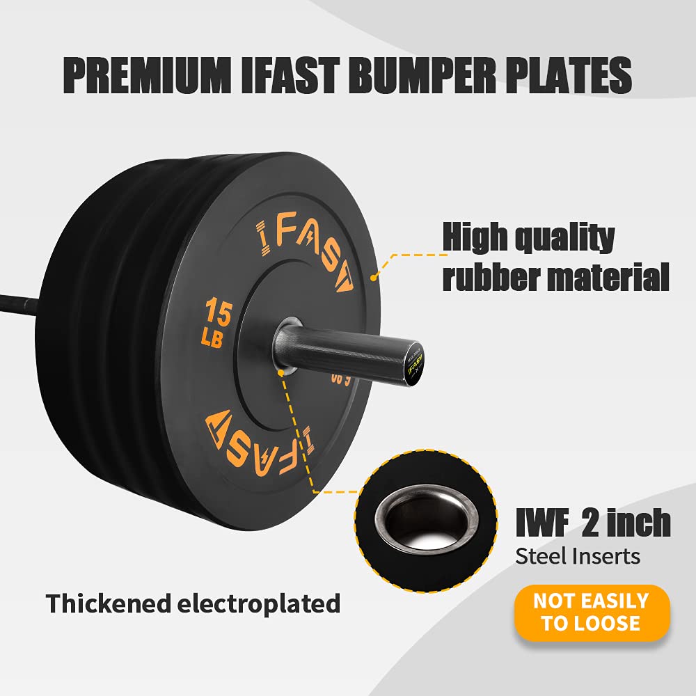 IFAST Home Gym 370LB Olympic Weight Set with 7Ft Olympic Barbell Bar, Bumper Plates Set, 700 lb Weight Capacity Bar with 2β Shaft (370 lbs Weight Set and Bar)