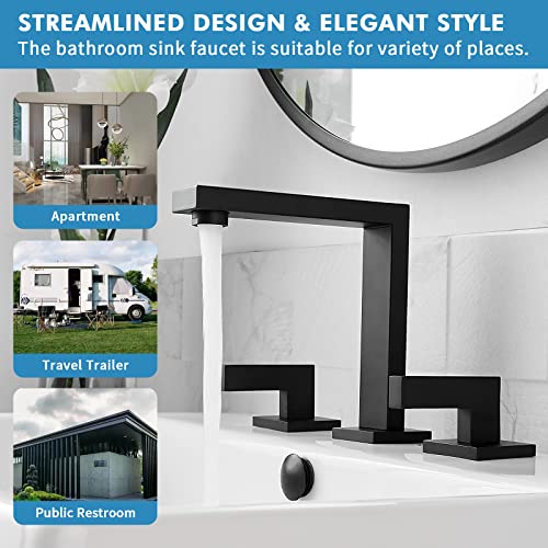 RUMOSE 8 inch Widespread Matte Black Bathroom Faucets for Sink 3 Hole Brass 2 Handle Lavatory Square Faucet Modern rv Bathroom Faucets